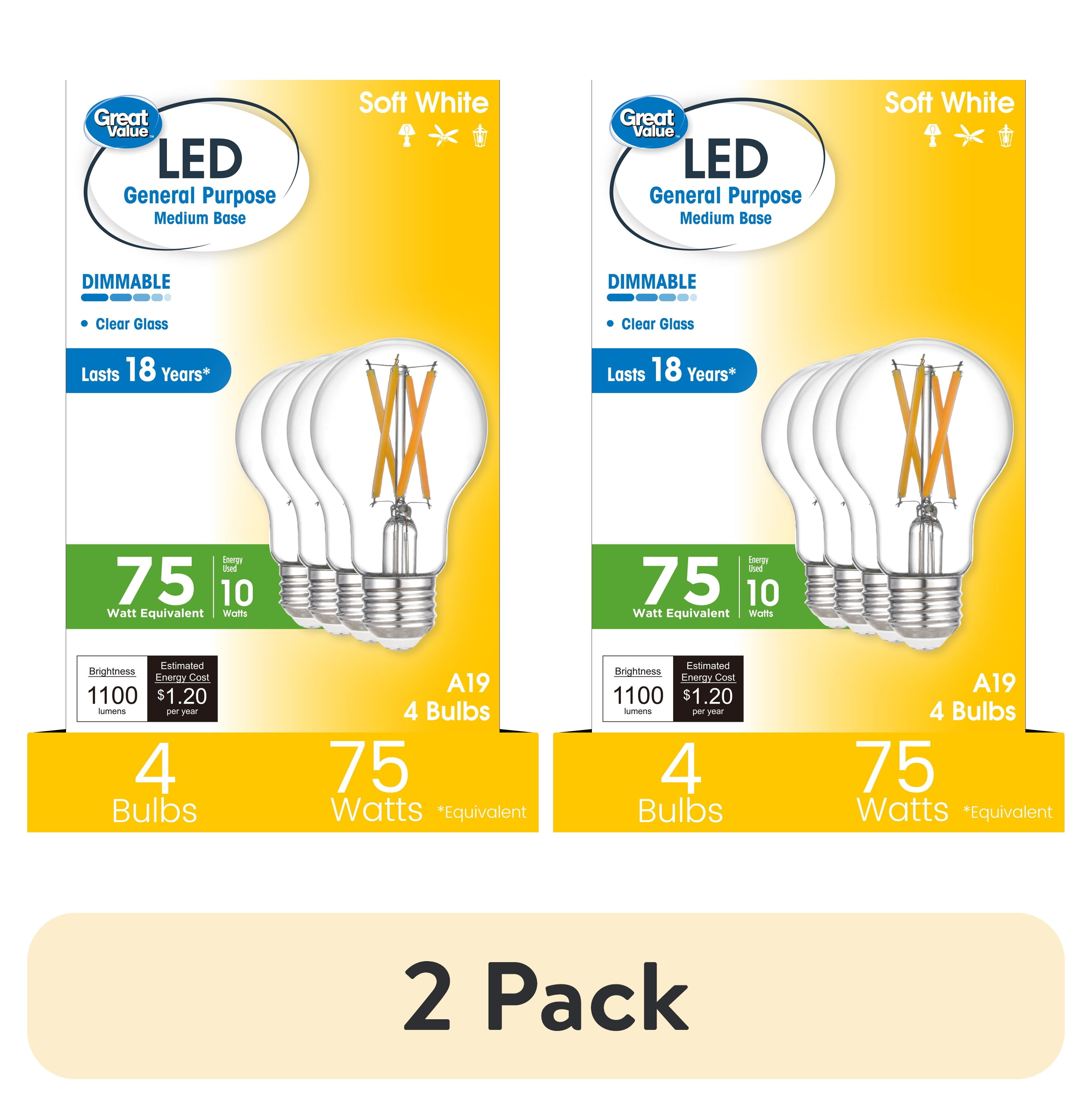(2 pack) Great Value 18YR A19 LED Light Bulb, 10W (75W Equivalent ...