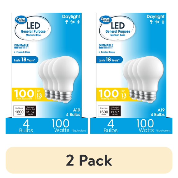 (2 pack) Great Value A19 LED 13W (100W Equivalent) Daylight E26 Medium ...