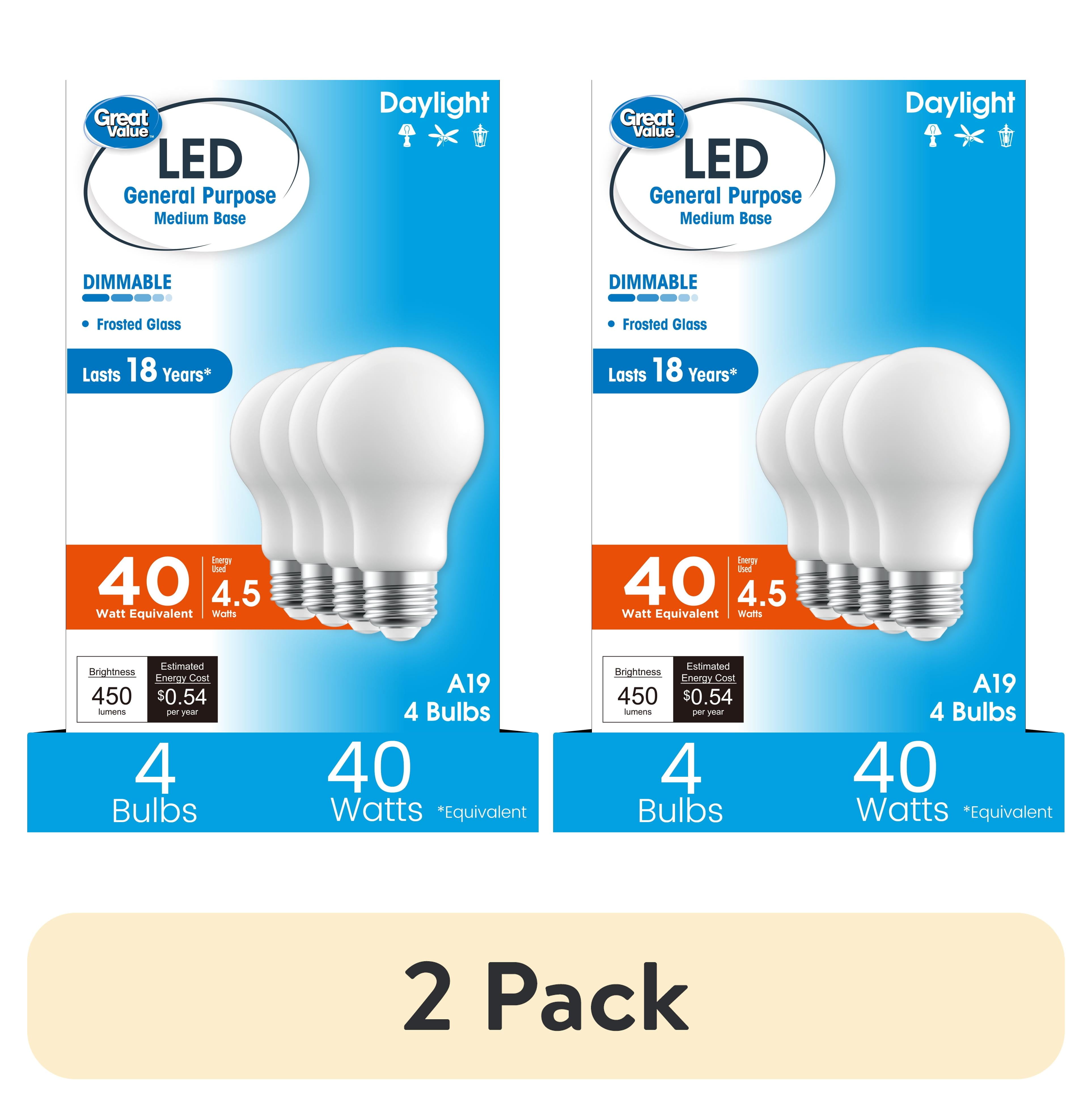 (2 pack) Great Value 18YR A19 LED Light Bulb, 4.5W (40W Equivalent) Dimmable Daylight E26 Medium ...