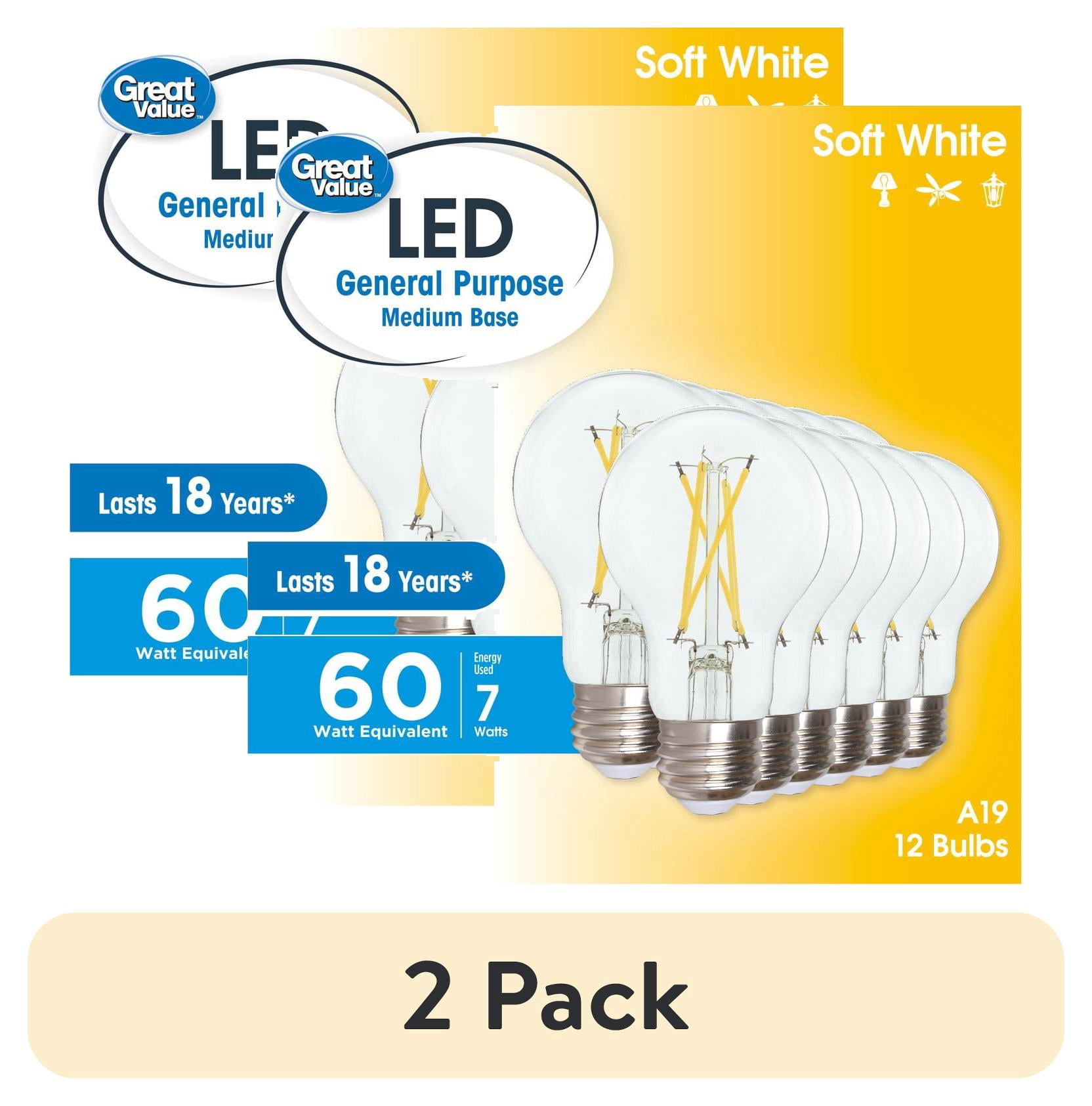 (2 pack) Great Value A19 LED Light Bulb, 7W (60W Equivalent) Dimmable ...