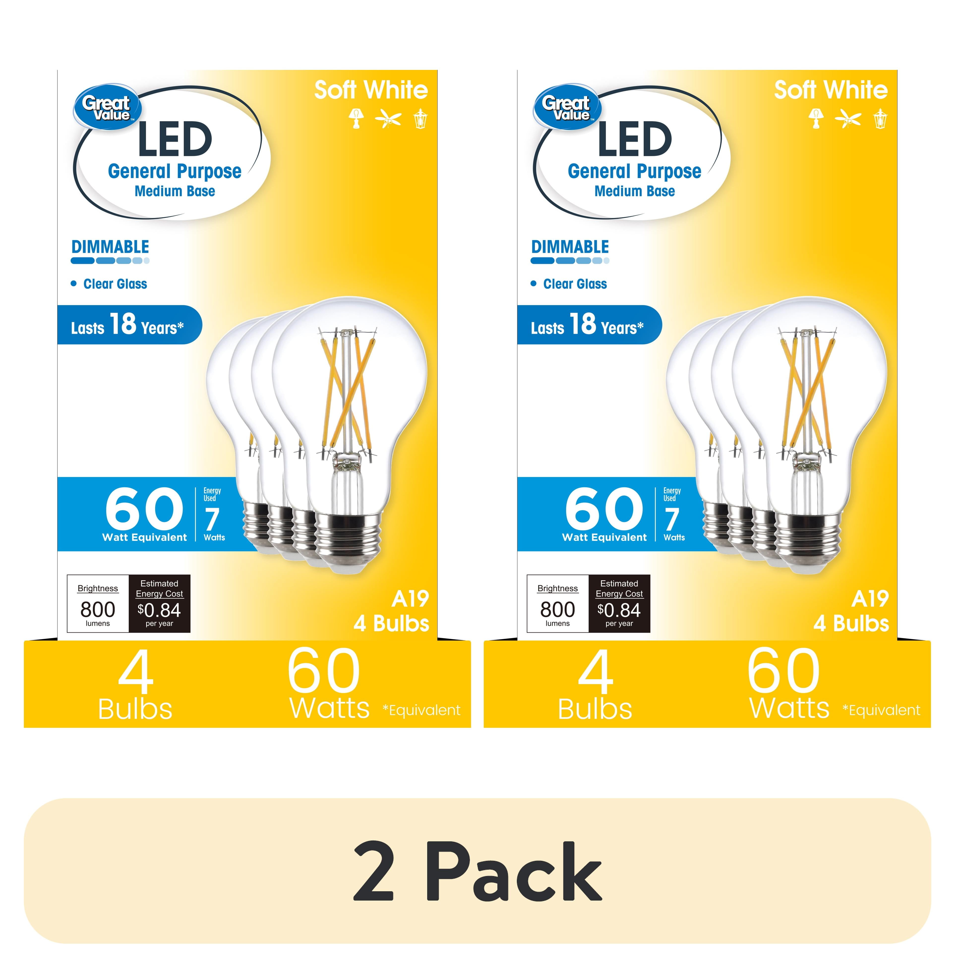 (2 pack) Great Value 18YR A19 LED Light Bulb, 7W (60W Equivalent) Dimmable Soft White E26 Base ...
