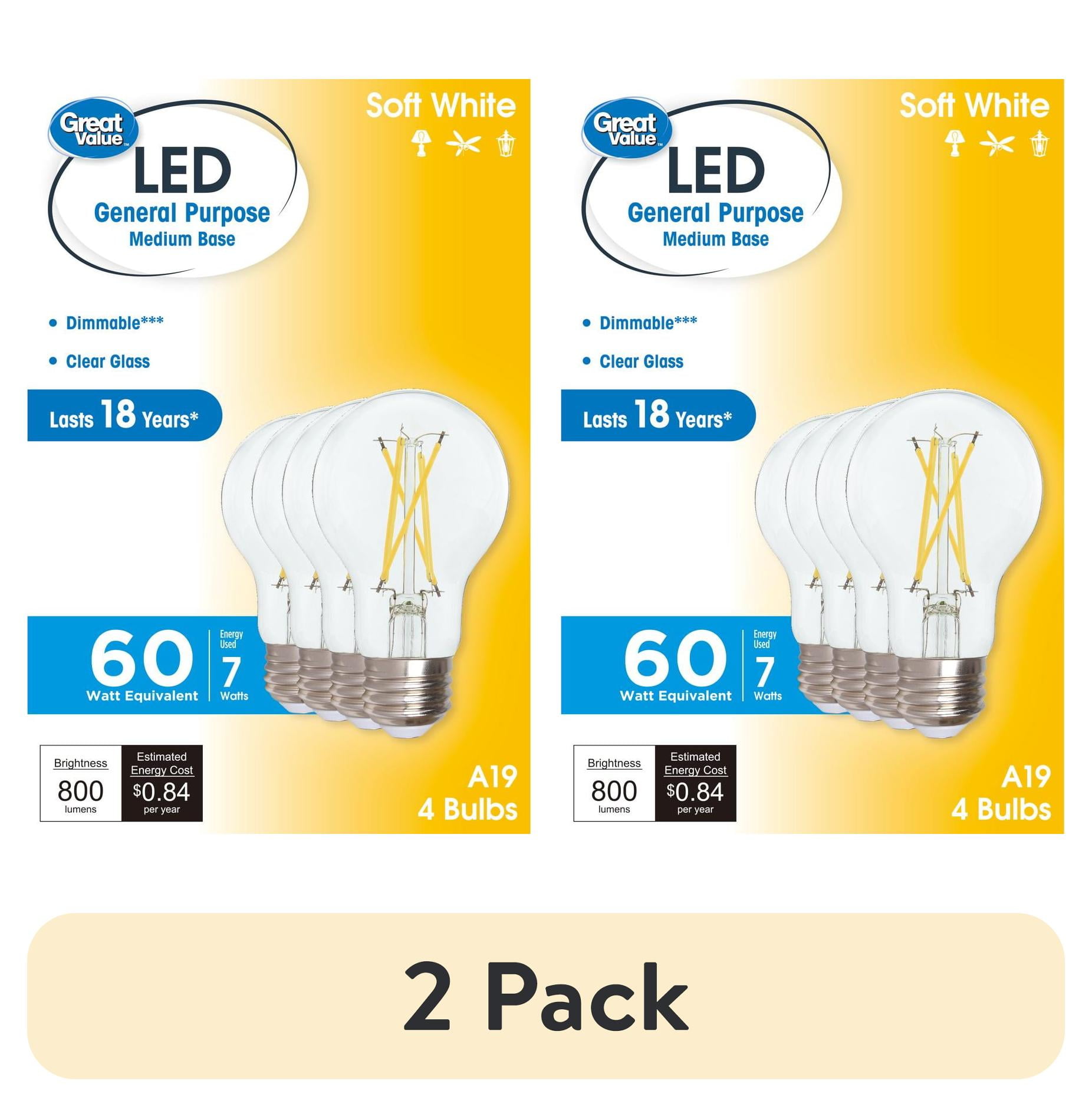 (2 pack) Great Value A19 LED Light Bulb, 7W (60W Equivalent) Dimmable ...