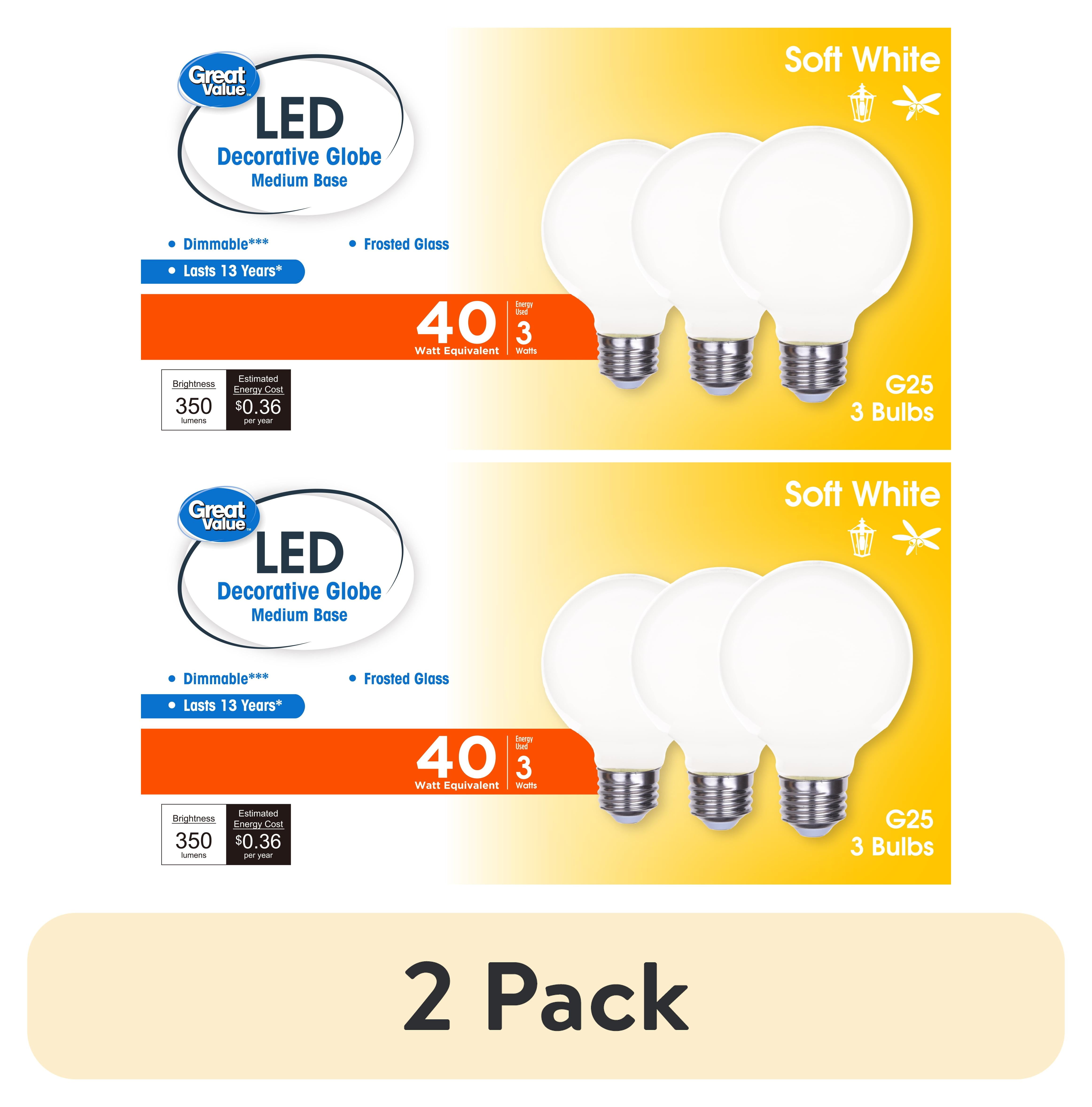 (2 pack) Great Value G25 LED Bulb, 3-Watt (40W Equivalent) Soft White ...