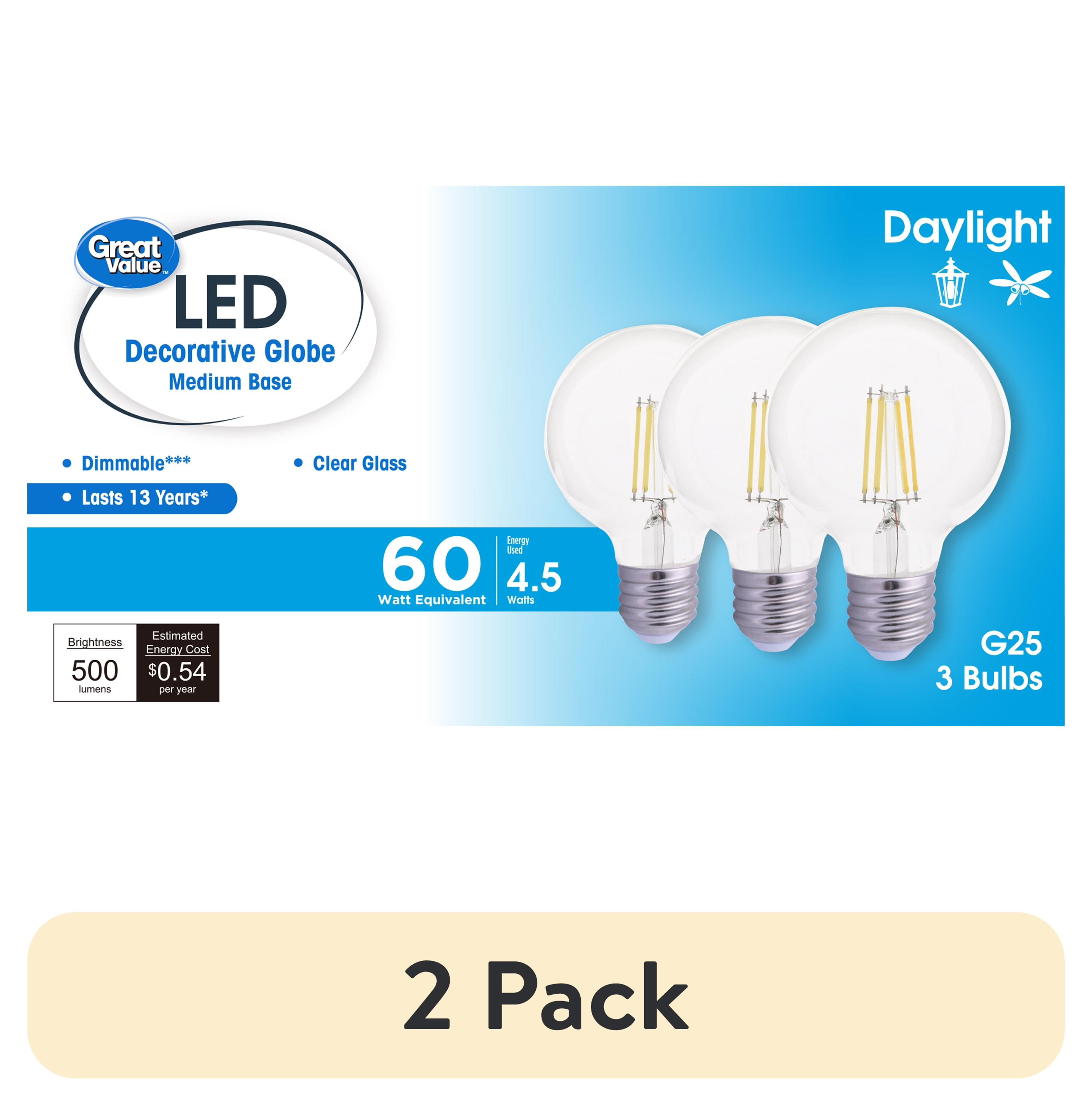 (2 pack) Great Value G25 LED Bulb, 3-Watt (60W Equivalent) Daylight ...