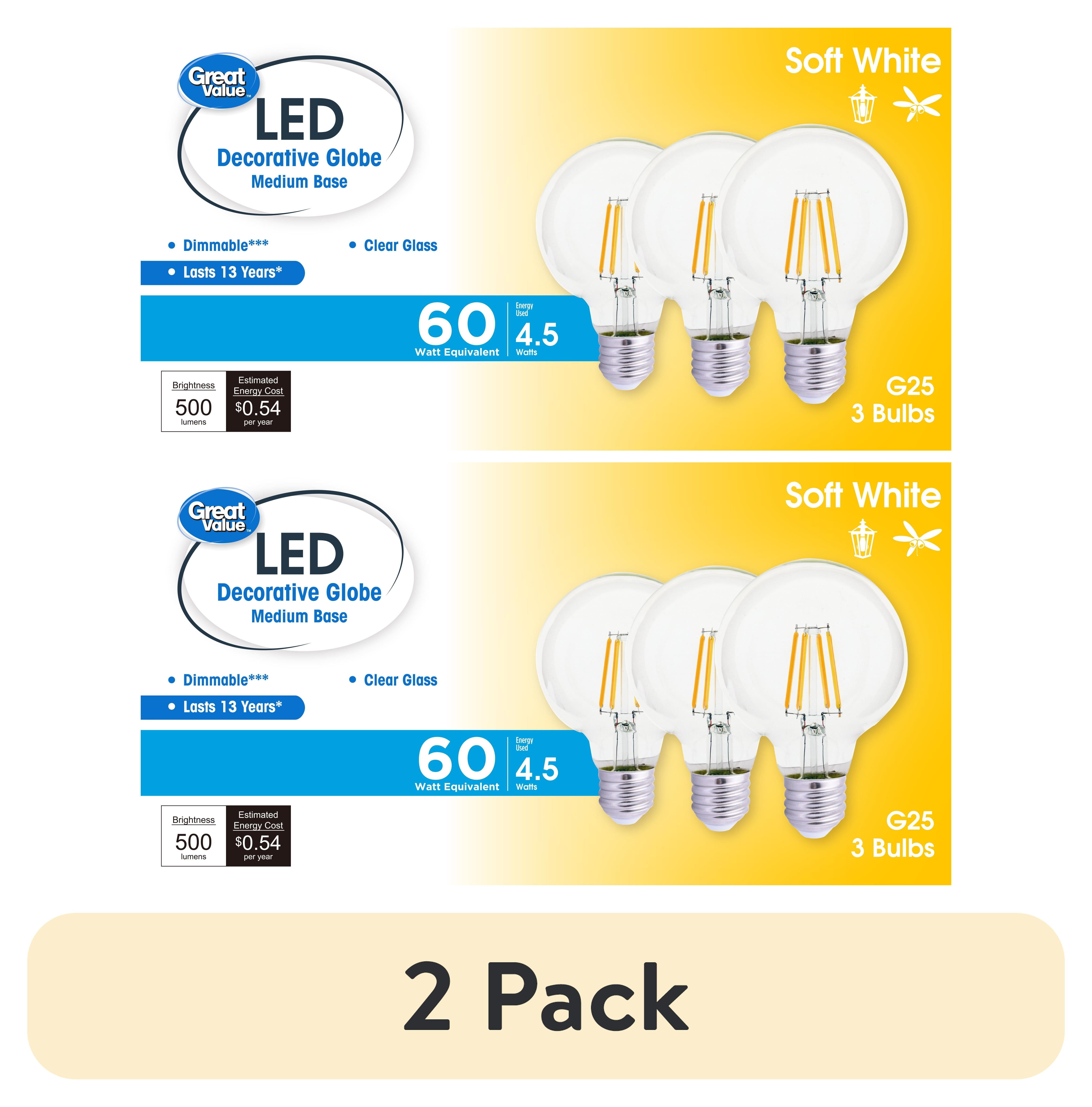 (2 pack) Great Value G25 LED Bulb, 4.5-Watt (60W Equivalent) Soft White ...