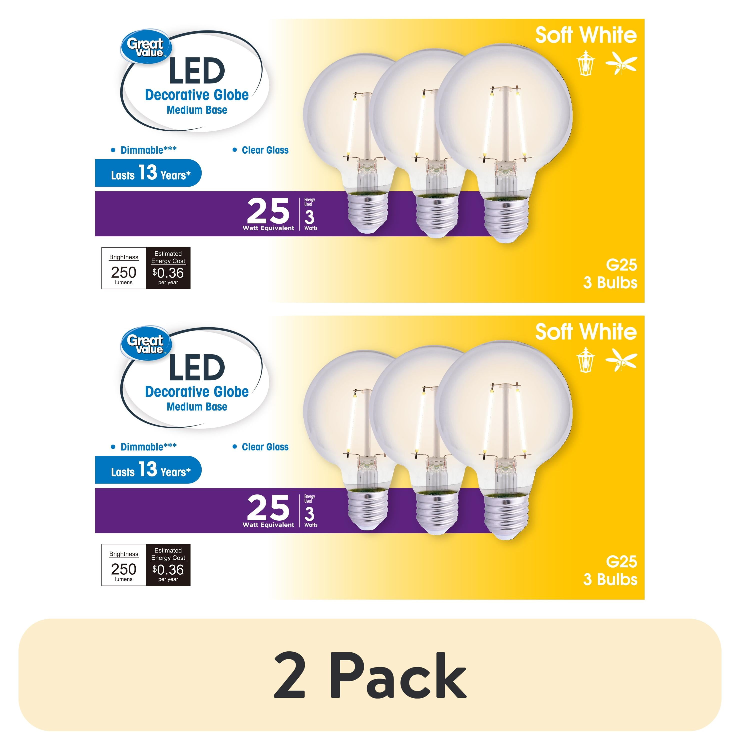 (2 pack) Great Value G25 LED Light Bulb, 3-Watt (25W Equivalent) Soft ...