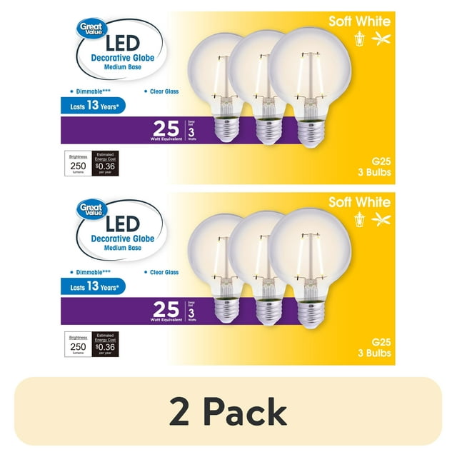 (2 pack) Great Value G25 LED Light Bulb, 3-Watt (25W Equivalent) Soft ...