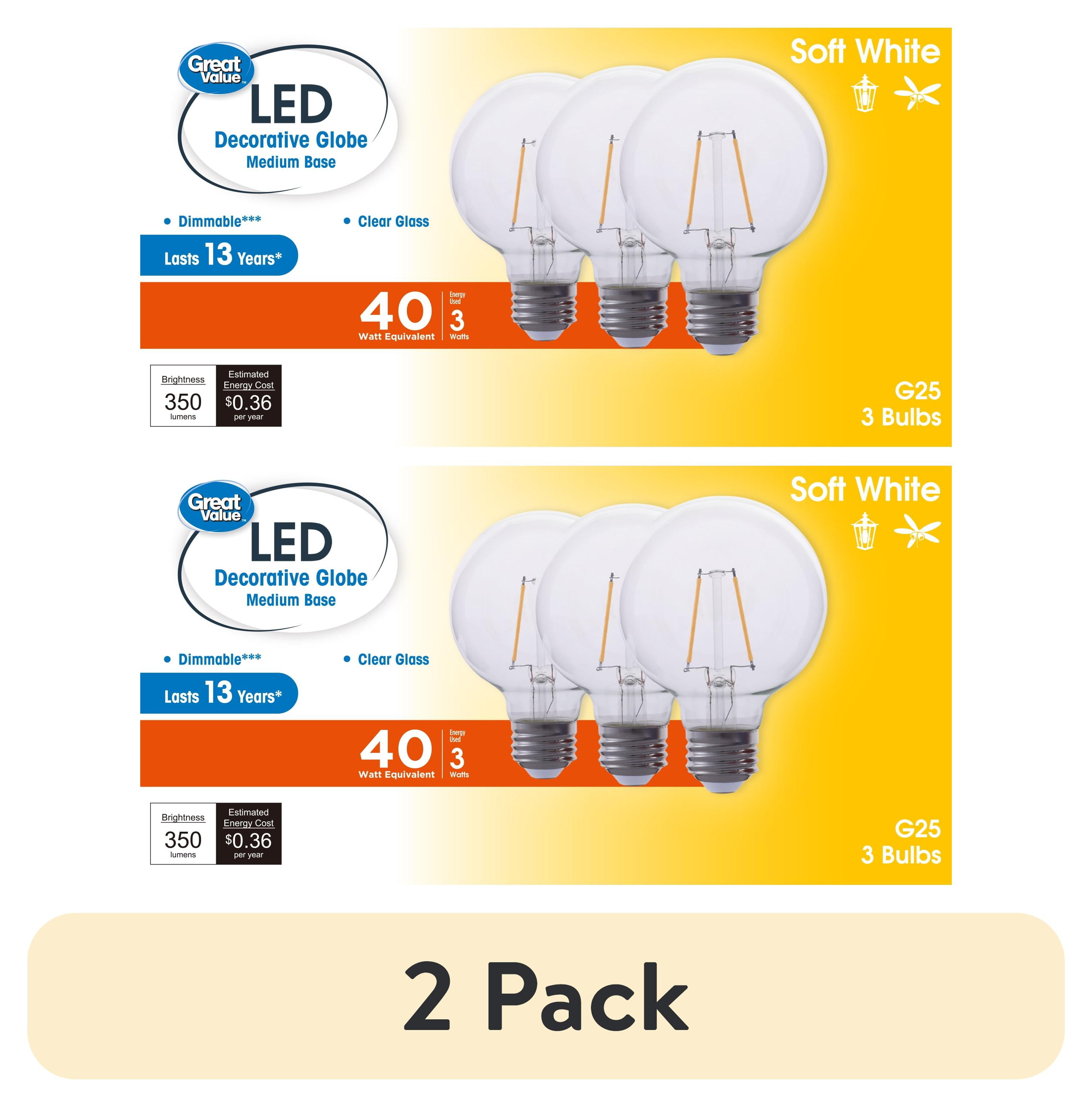 (2 pack) Great Value G25 LED Light Bulb, 3-Watt (40W Equivalent) Soft ...