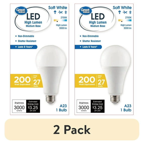 (2 pack) Great Value High Output A23 LED Light Bulb, 27-Watt (200W ...