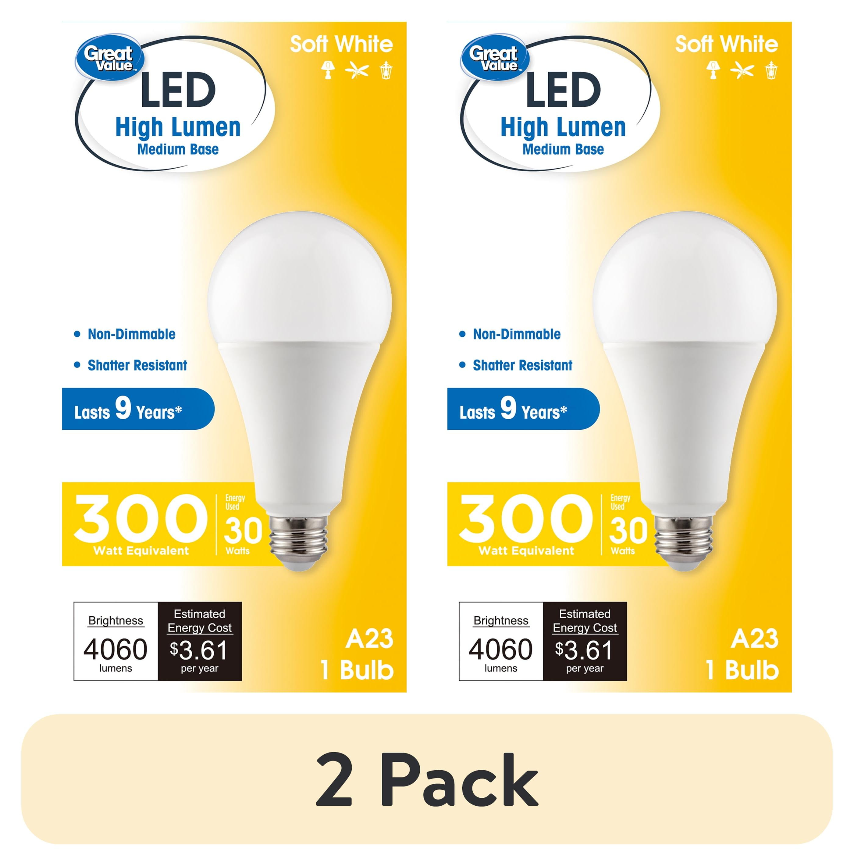(2 pack) Great Value High Output A23 LED Light Bulb, 30-Watt (300W ...