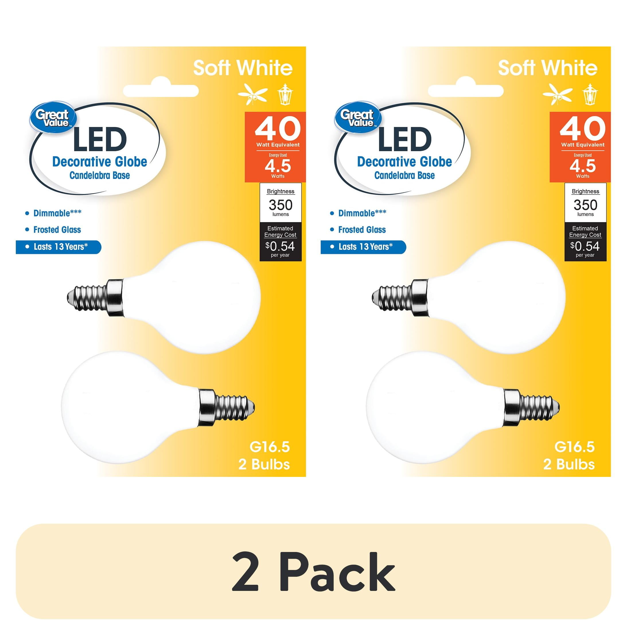 (2 pack) Great Value LED, 4.5W (40W Eqv) G16 Globe E12 Candelabra Base ...