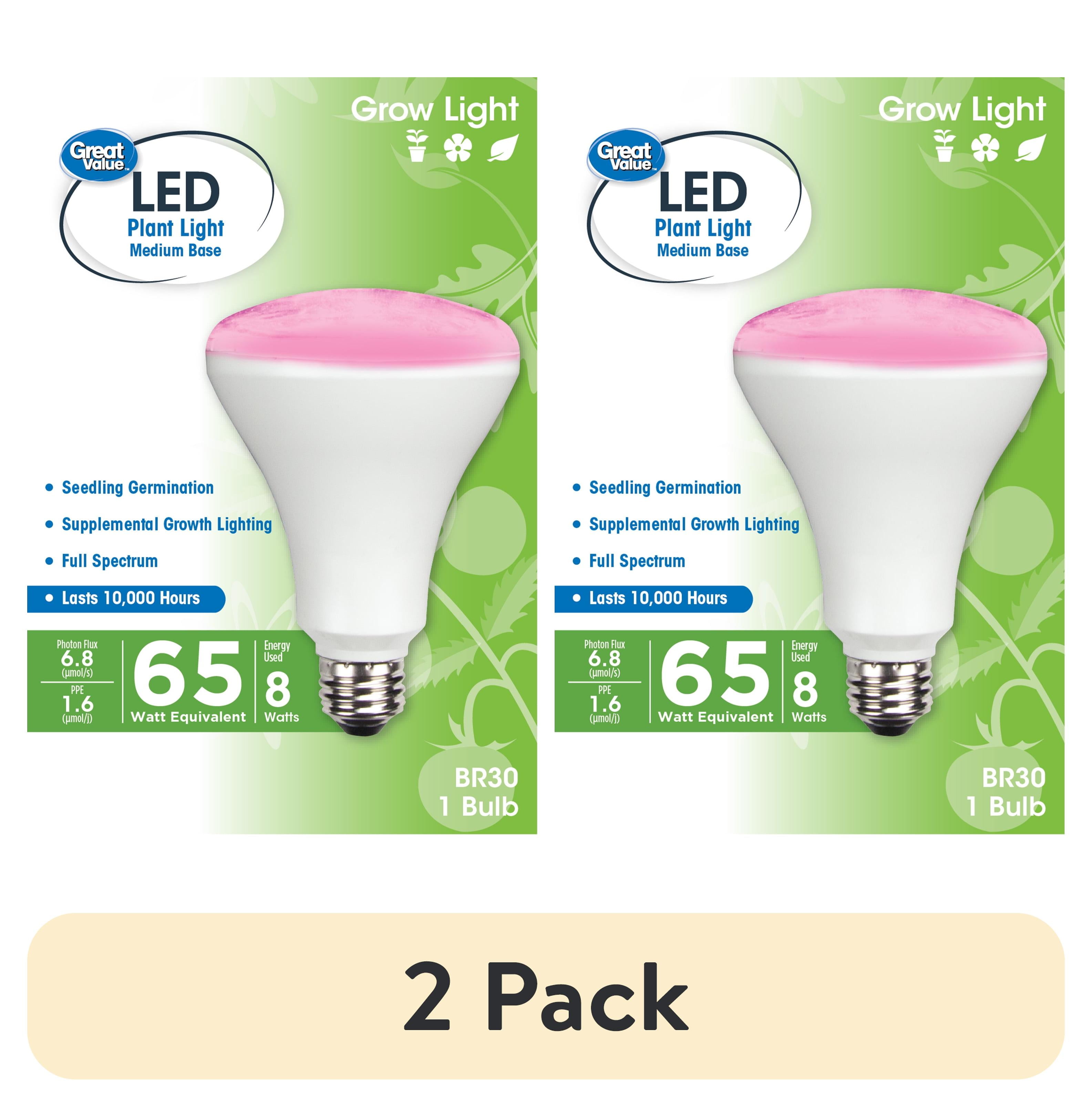(2 pack) Great Value LED, 8 Watts (65W Equivalent) BR30 Grow Light E26 Medium Base, Non-Dimmable ...