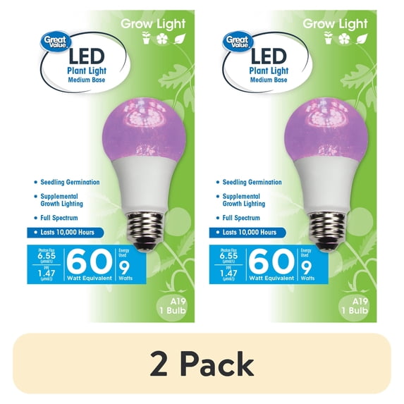 (2 pack) Great Value LED, 9 Watts (60W Equivalent) A19 Grow Light E26 ...