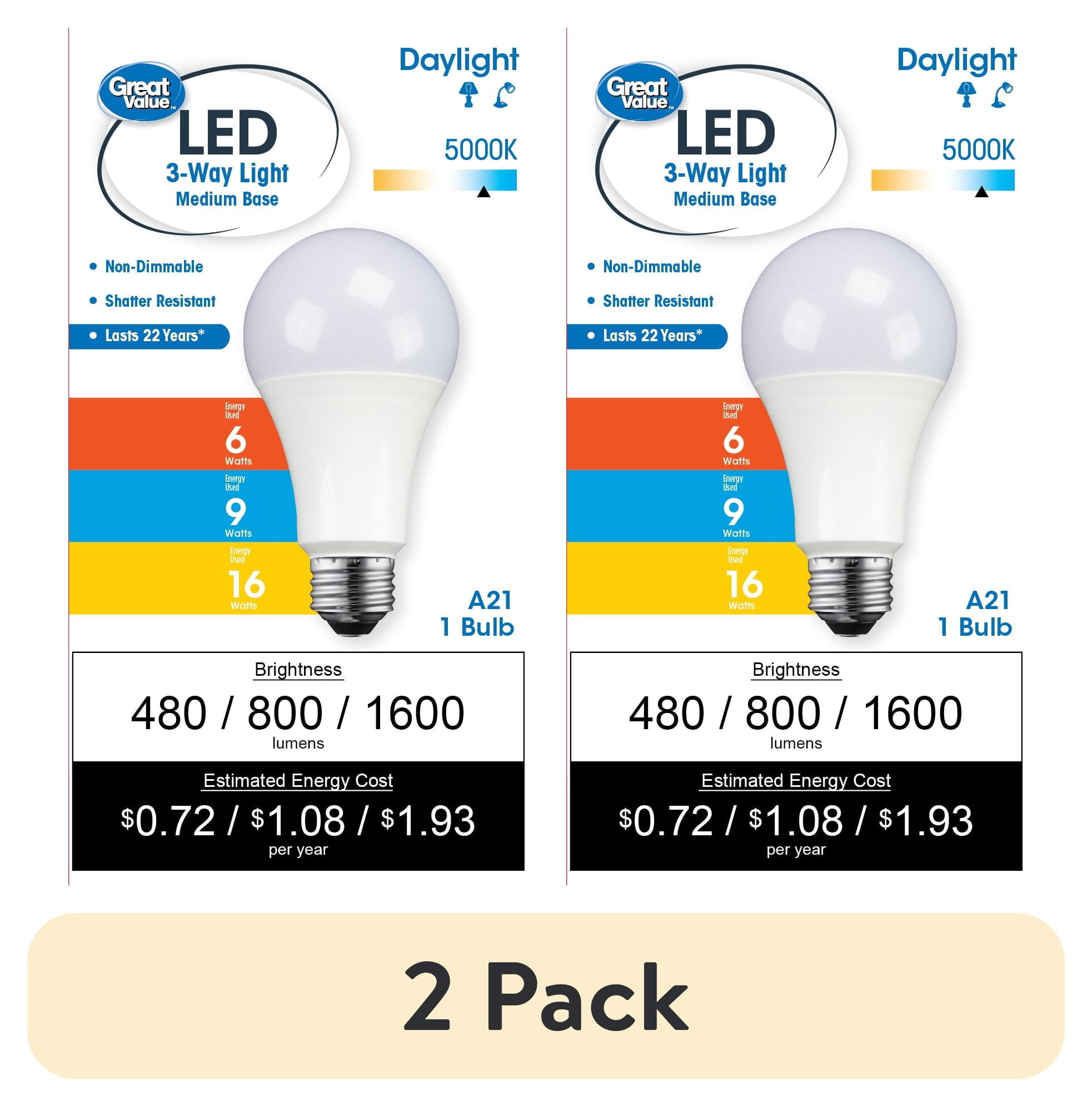(2 pack) Great Value LED A21 Light Bulb, 16W (100W Equivalent) 3way ...