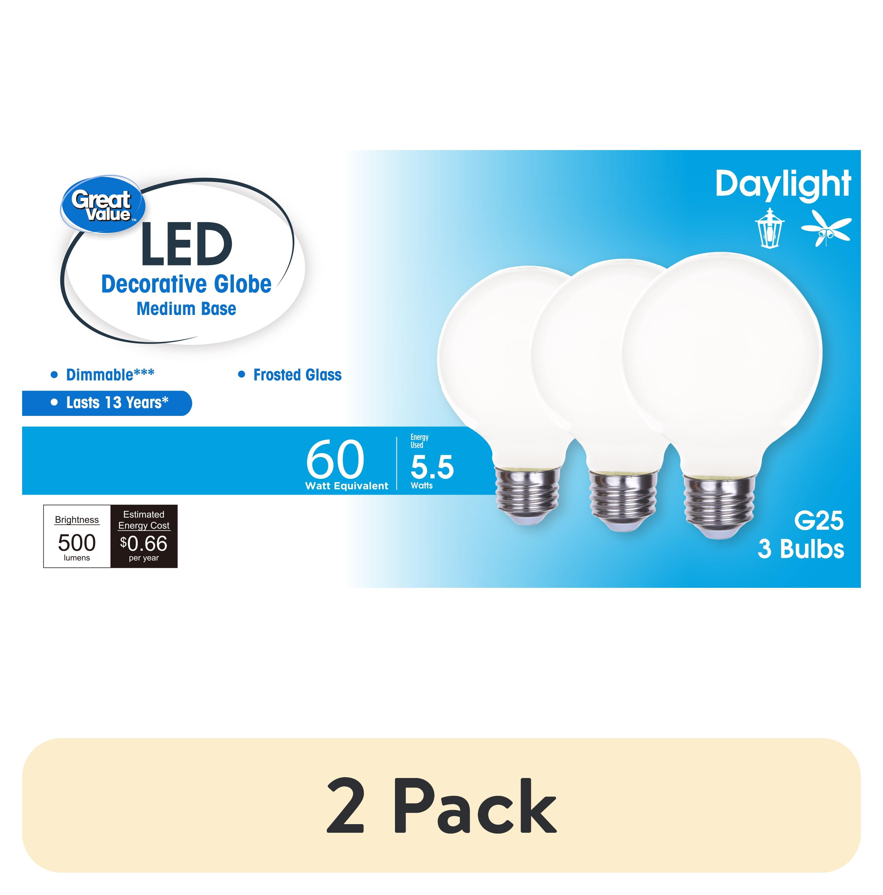 (2 pack) Great Value LED Bulb, 5.5-Watt (60W Equivalent) G25 Deco Bulbs ...