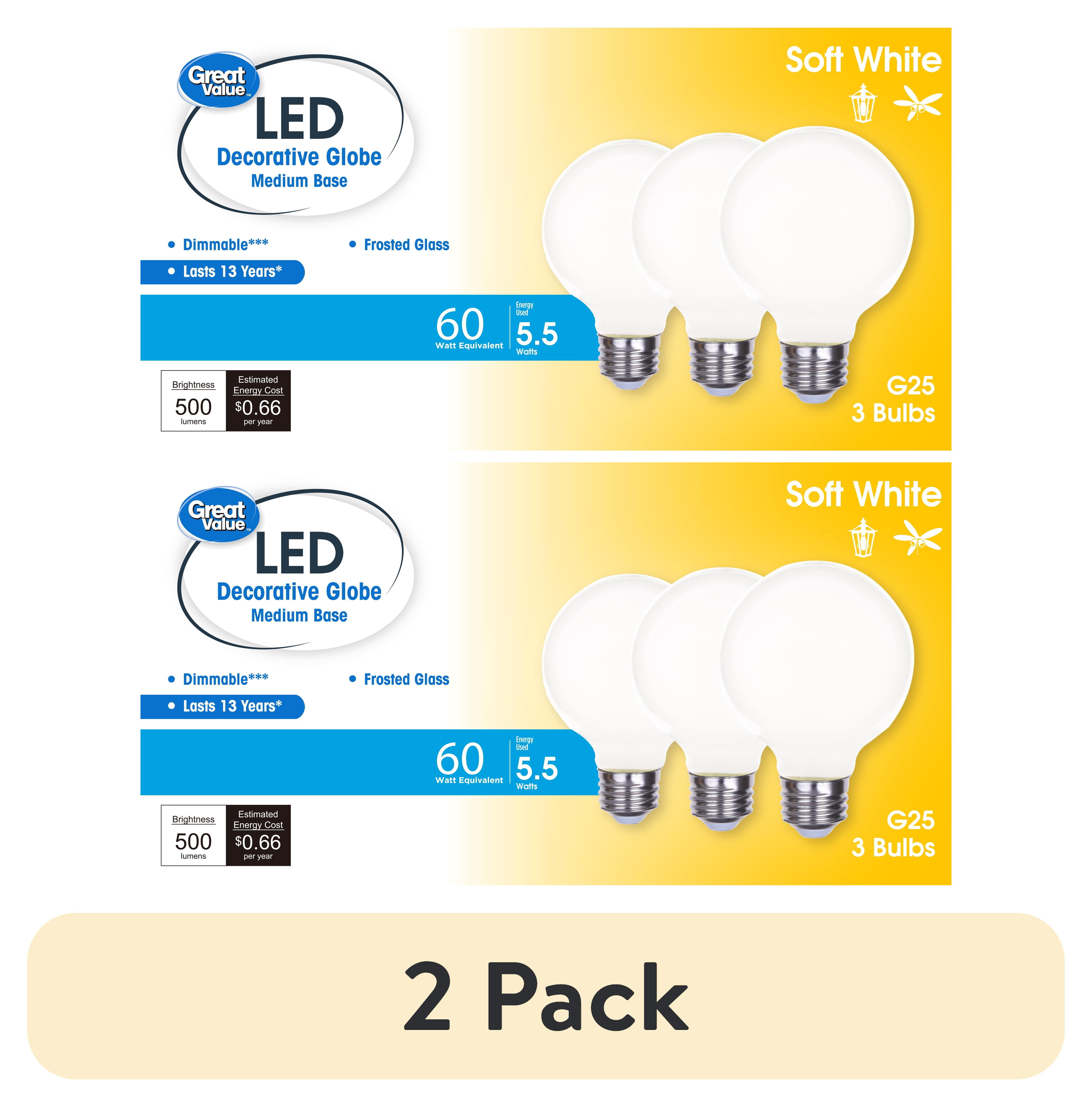 (2 pack) Great Value LED Bulb, 5.5-Watt (60W Equivalent) G25 Deco Bulbs ...