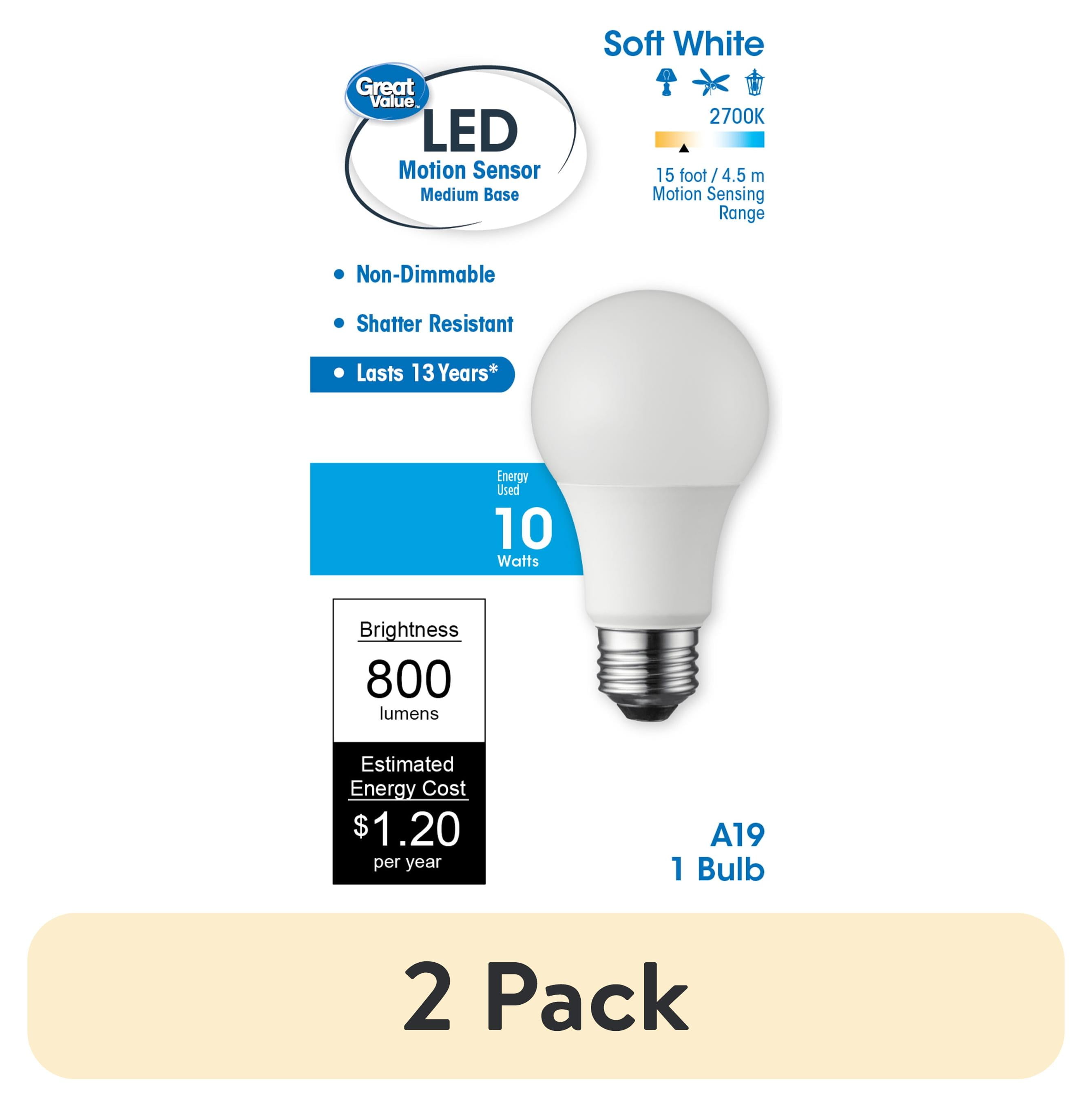 (2 pack) Great Value A19 LED 10W Soft White Motion Sensor E26 Medium ...