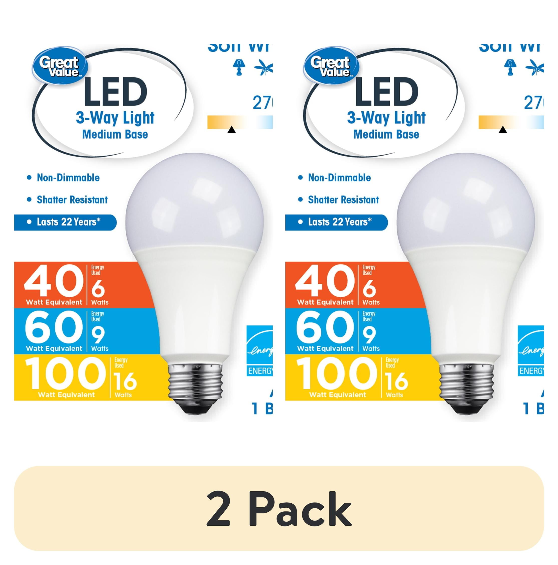 (2 pack) Great Value LED Light Bulb, 16W (100W Equivalent) 3-way Lamp ...