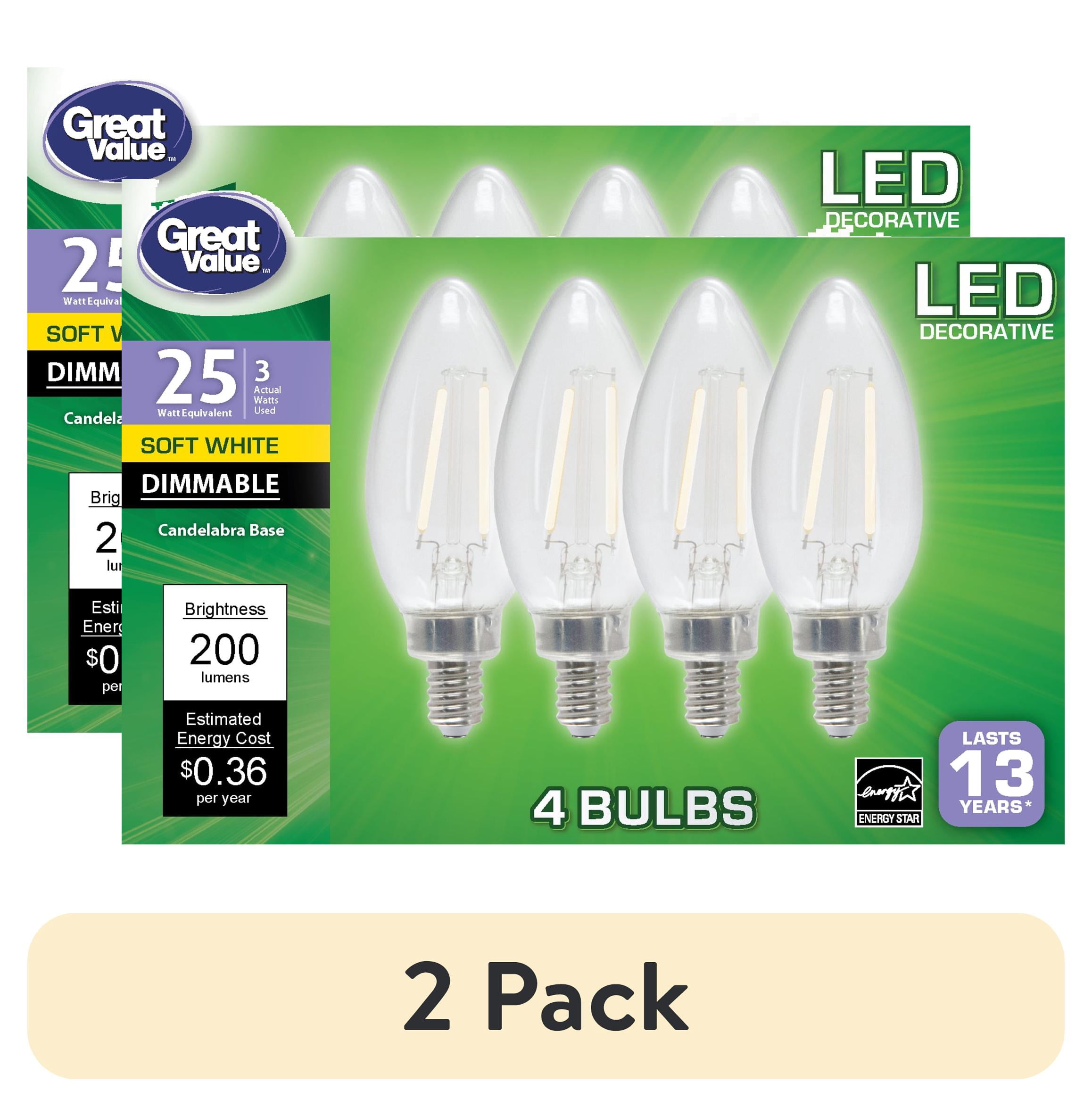 (2 pack) Great Value LED Light Bulb, 3 Watts (25W Equivalent) B10 Deco ...