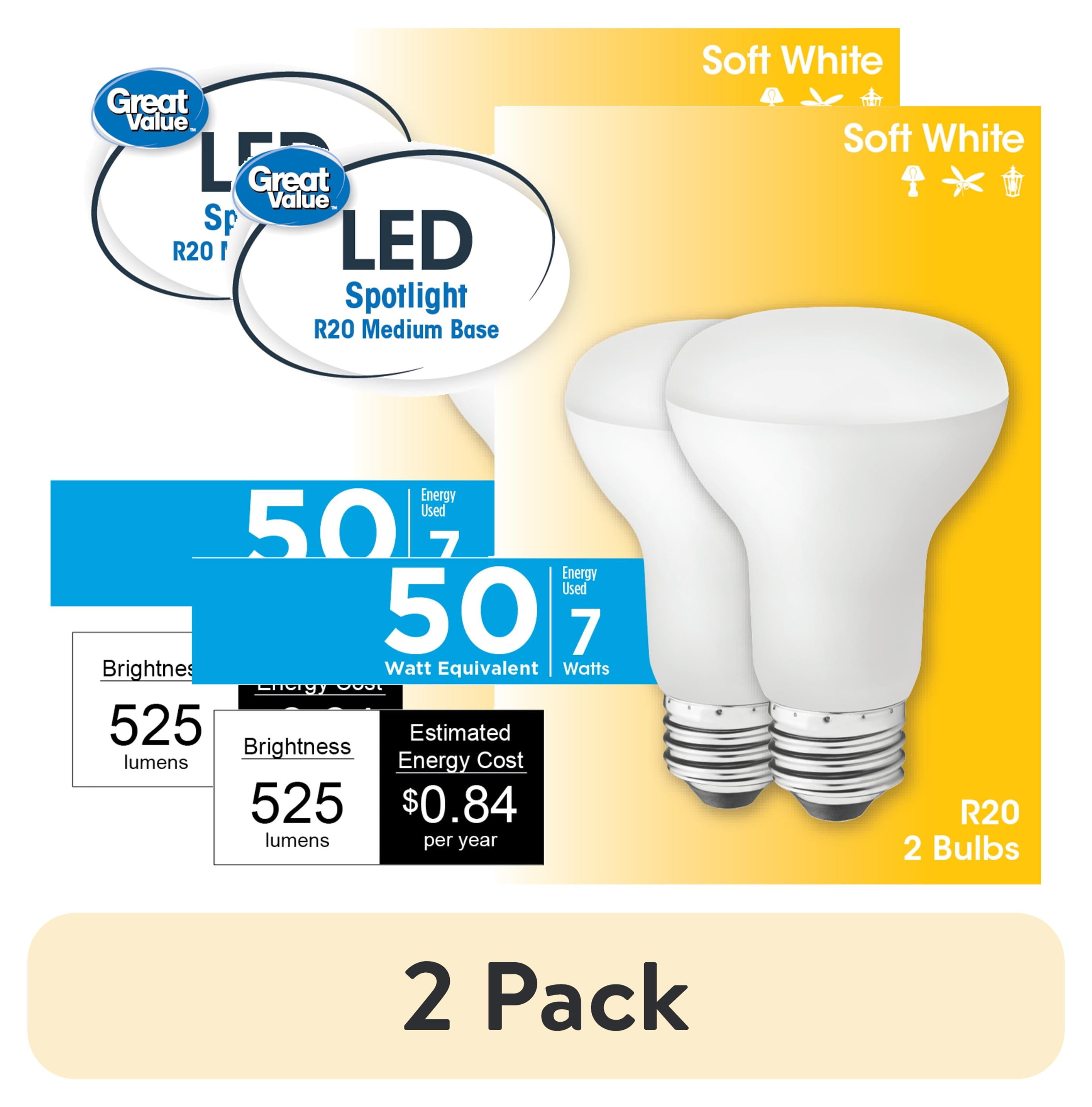 (2 pack) Great Value LED Light Bulb, 7 Watts (50W Equivalent) R20 ...