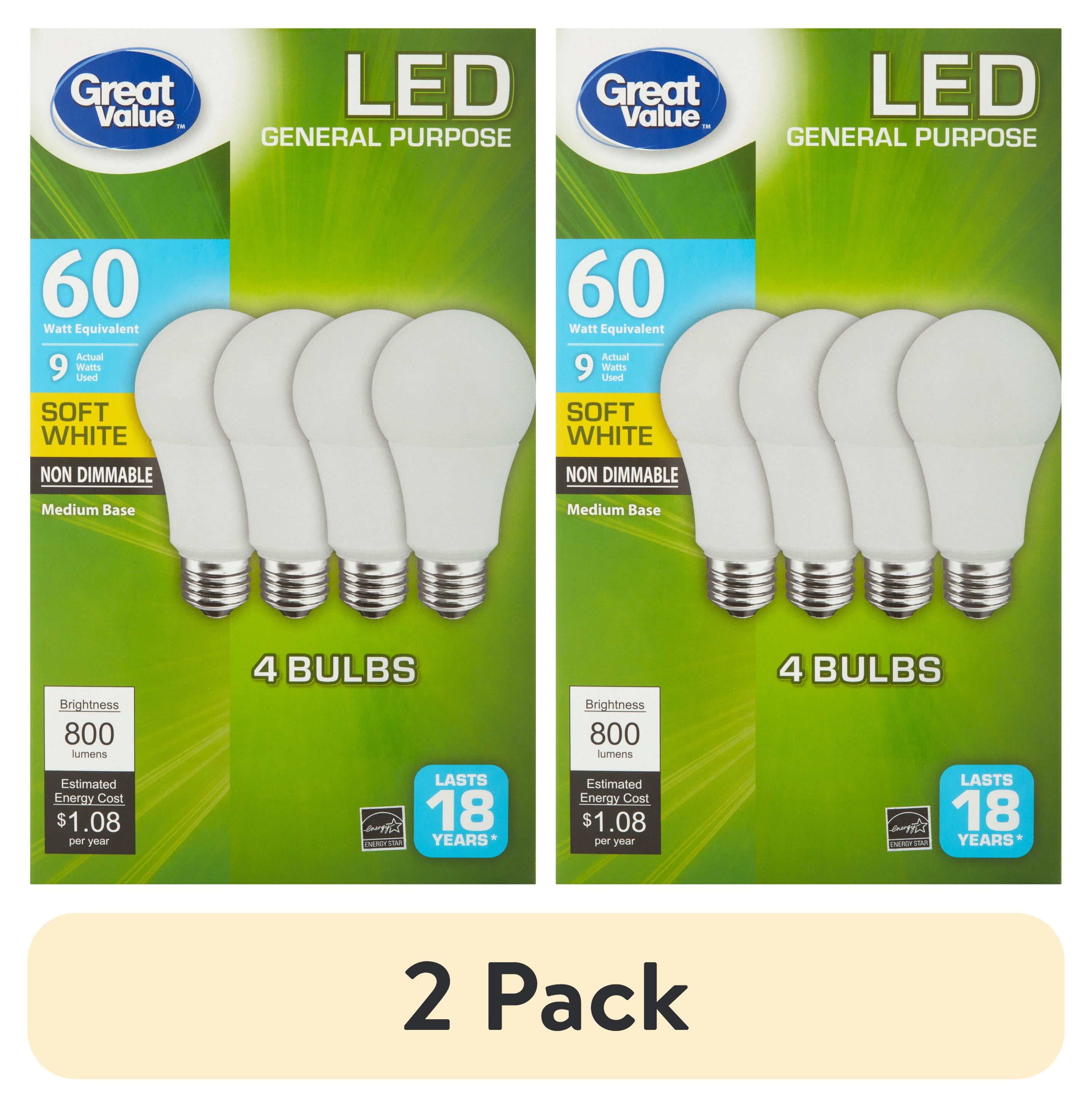 (2 pack) Great Value LED Light Bulb, 9W (60W Equivalent) A19 Lamp E26 ...