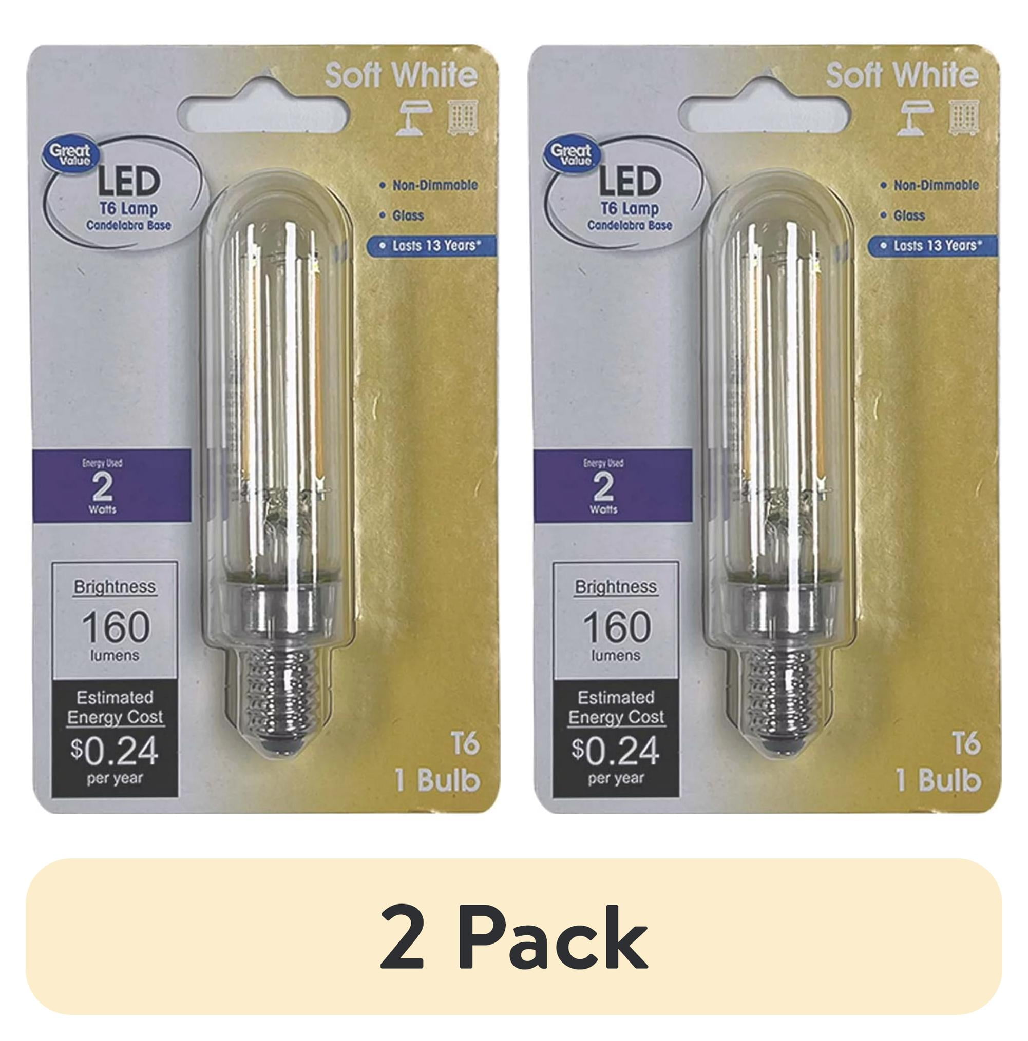 (2 pack) Great Value LED T6 Tubular Bulb, 2-Watt (15W Equivalent) E12 Base Non-Dimmable Soft ...