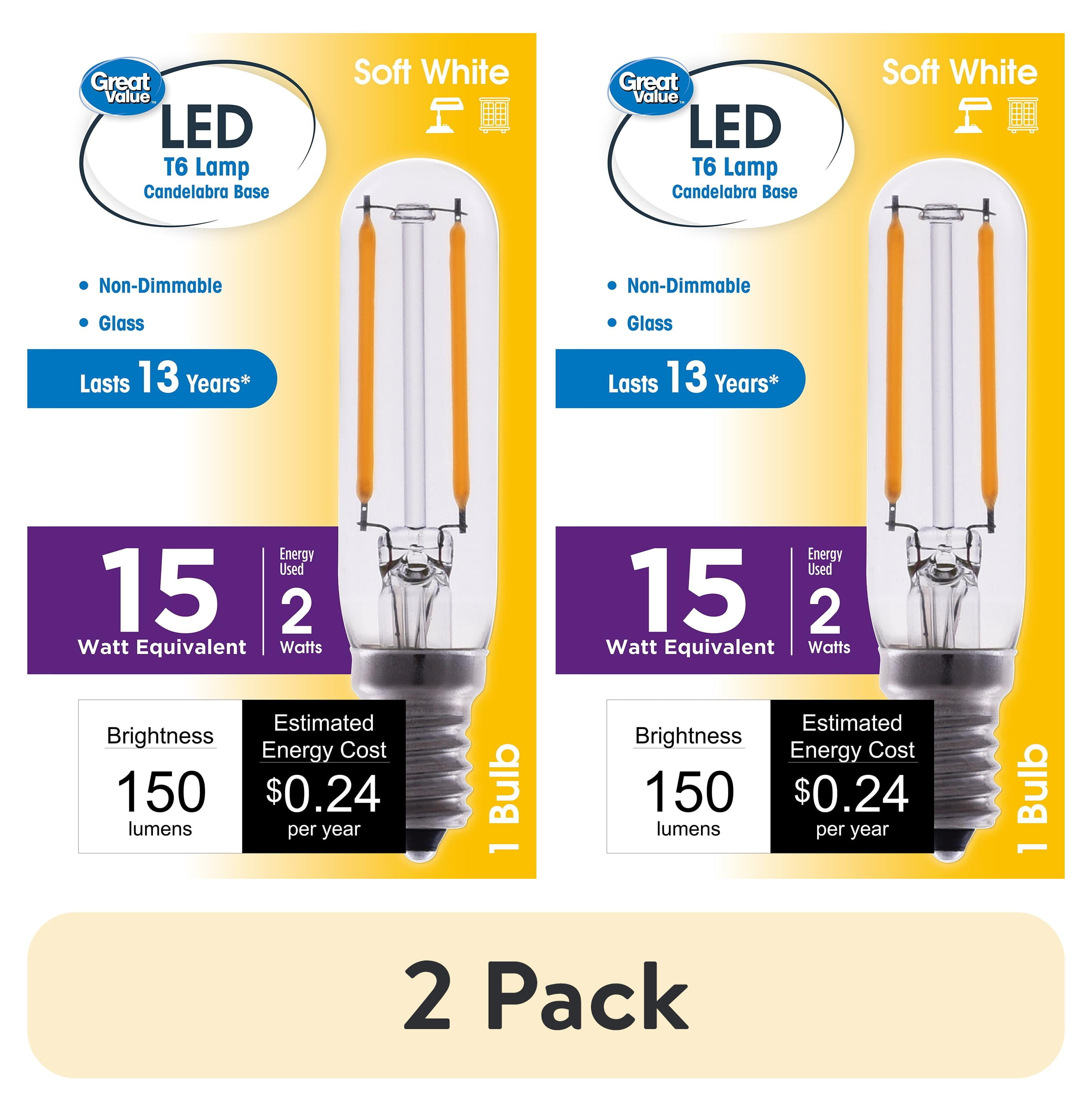 (2 pack) Great Value LED T6 Tubular Bulb, 2-Watt (15W Equivalent) E12 Base Non-Dimmable Soft ...