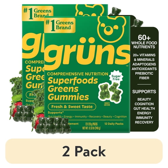 (2 pack) Gruns Adult Superfood Greens Gummies, Sugar-Free, 21 Vitamins ...