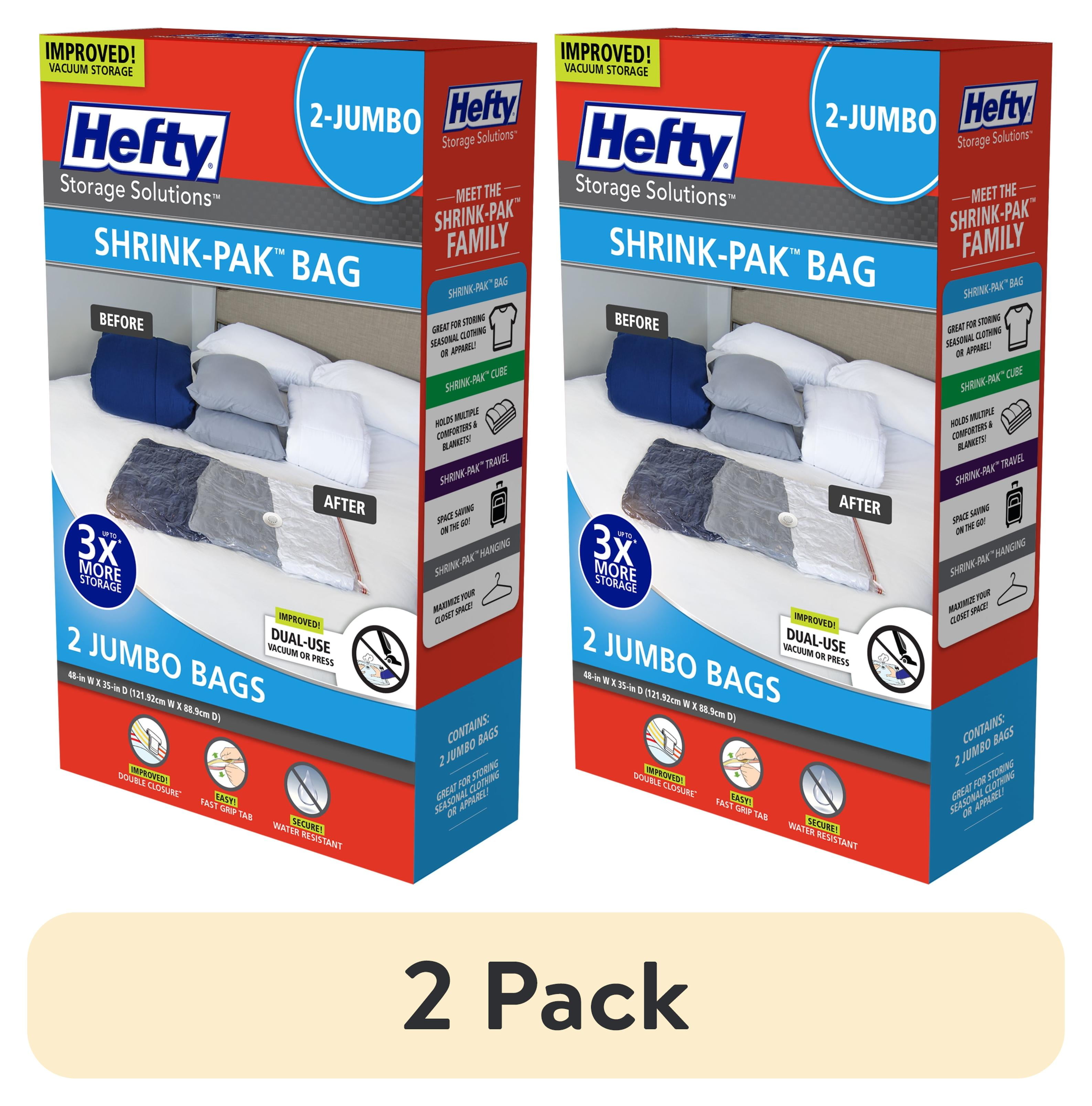 (2 pack) Hefty Shrink-Pak 2 Jumbo Vacuum Compression Storage Bags, Closet Organizer, Adults ...
