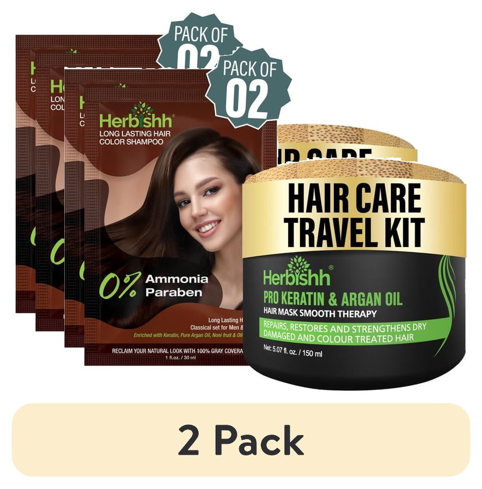(2 pack) Herbishh Hair Dye Shampoo Dark Brown Color 3-in-1 Travel Pack (30ml x2) + Keratin Argan ...