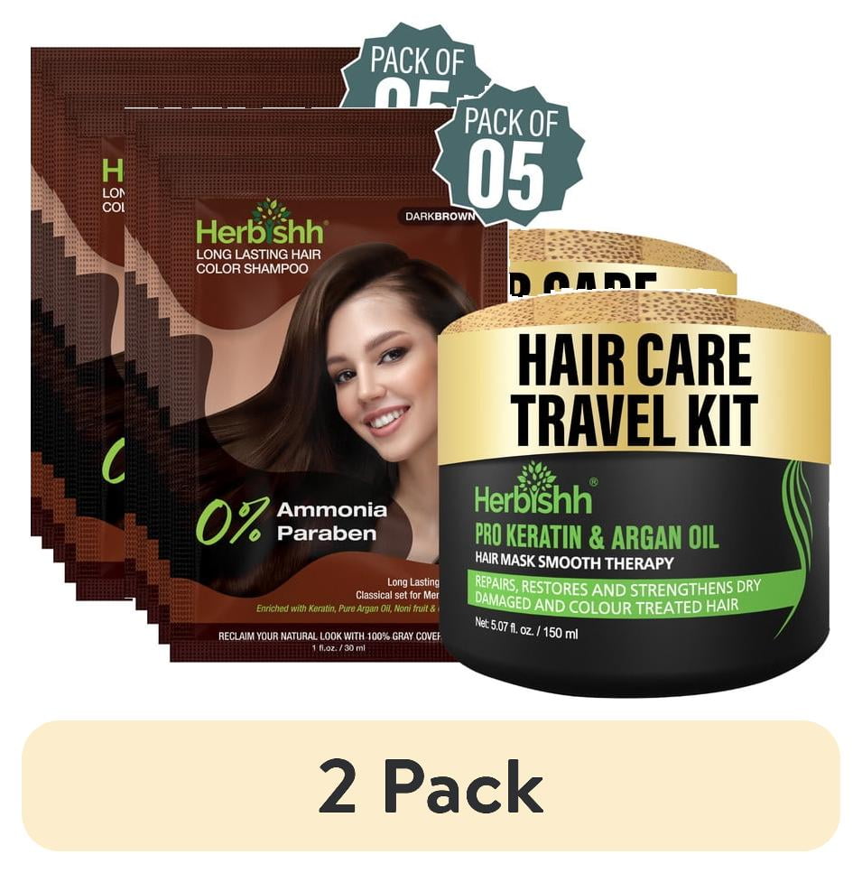(2 pack) Herbishh Hair Dye Shampoo Dark Brown Color 3-in-1 Travel Pack (30ml x5) + Keratin Argan ...