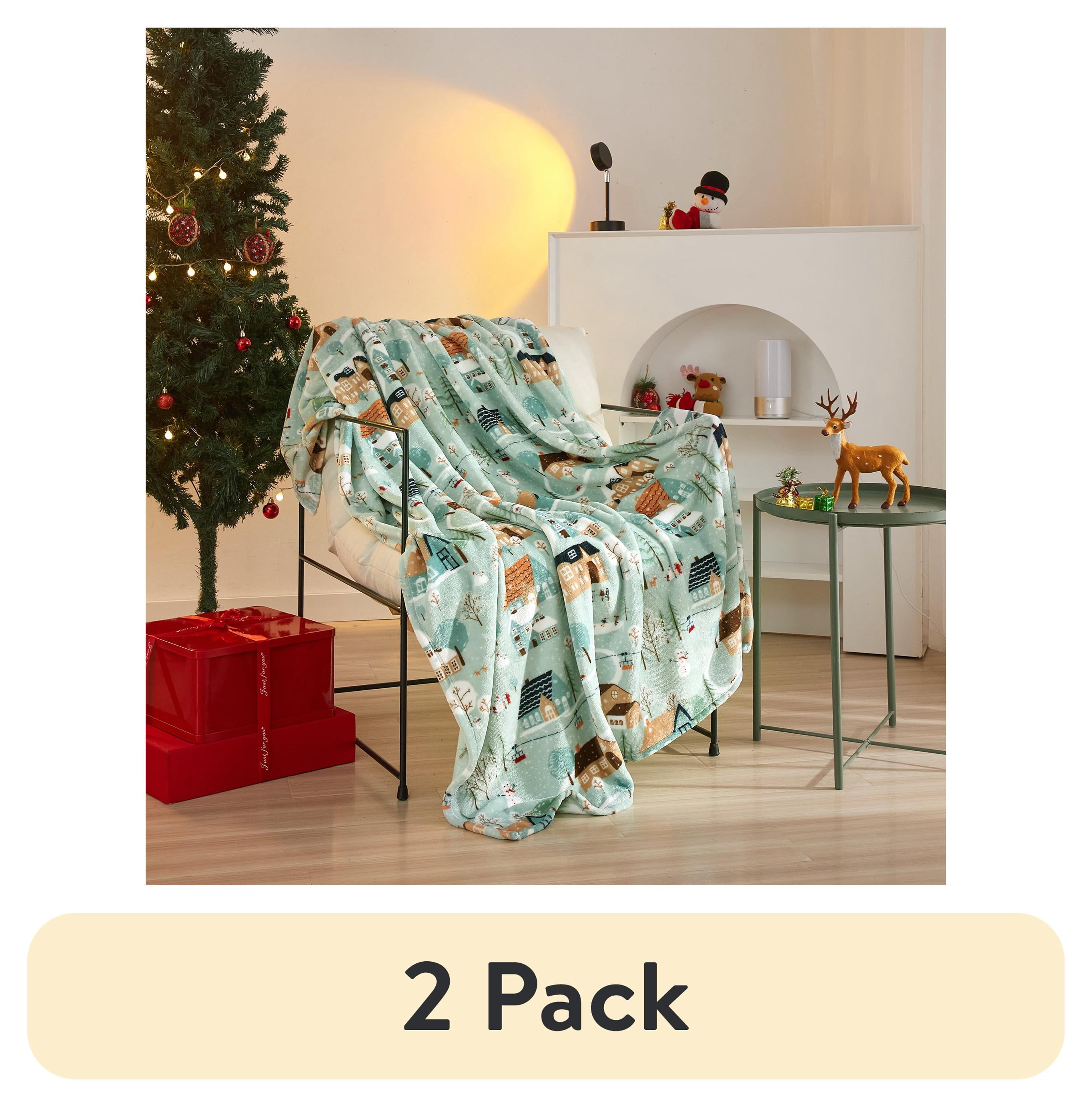 (2 pack) Holiday Time 50"x60" Multi-Color Village Plush Throw, All Ages ...