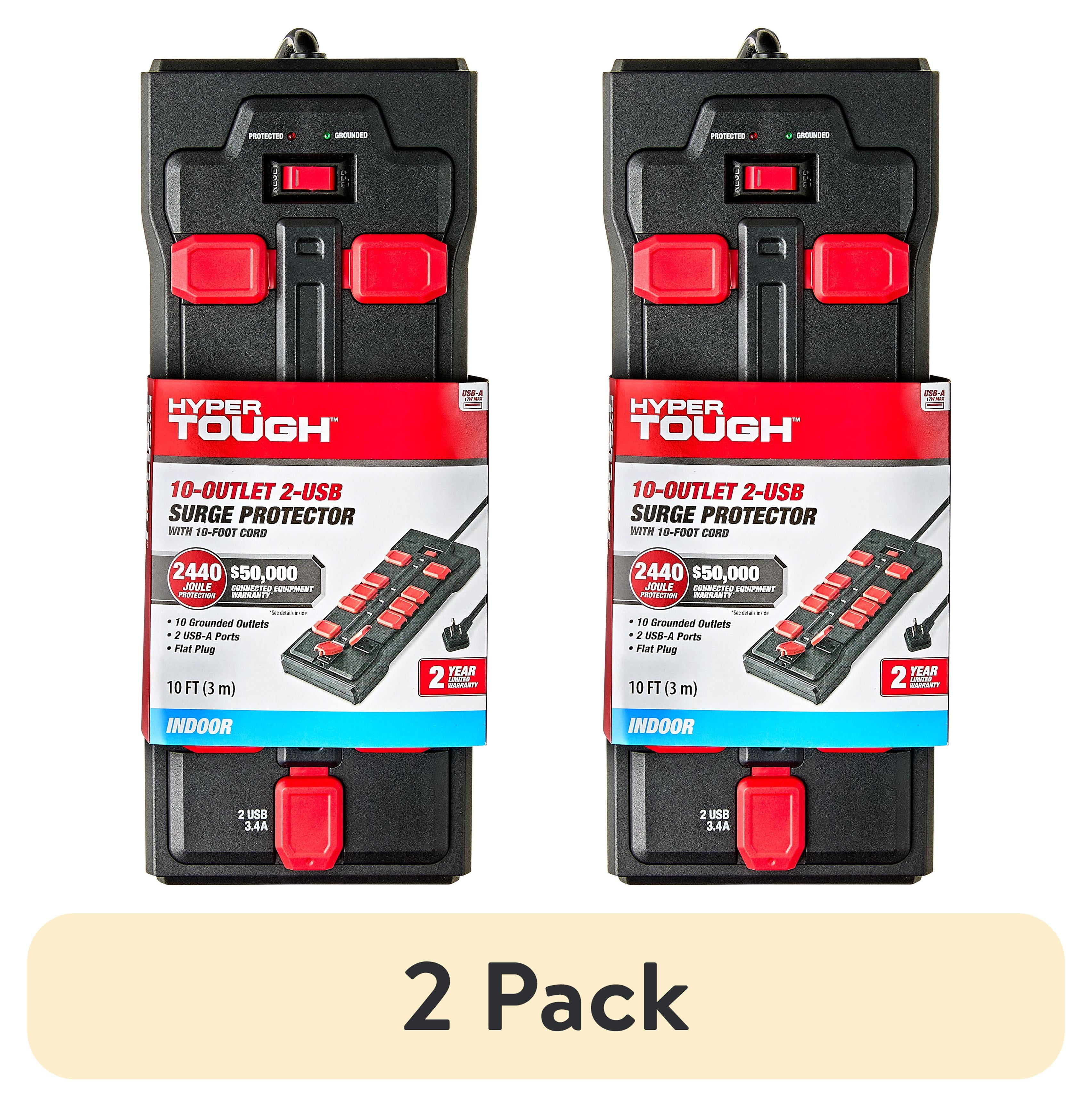 (2 pack) Hyper Tough 10 -Outlet Surge protector 10 feet Cord, 2 USB-A ...