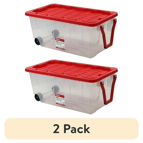 (2 pack) Hyper Tough 40 Gallon Clear Plastic Wheeled Storage Bin, Red ...