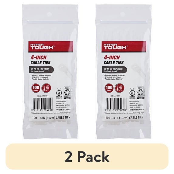 (2 pack) Hyper Tough 4inch Cable Tie Natural 100Pcs - Walmart.com