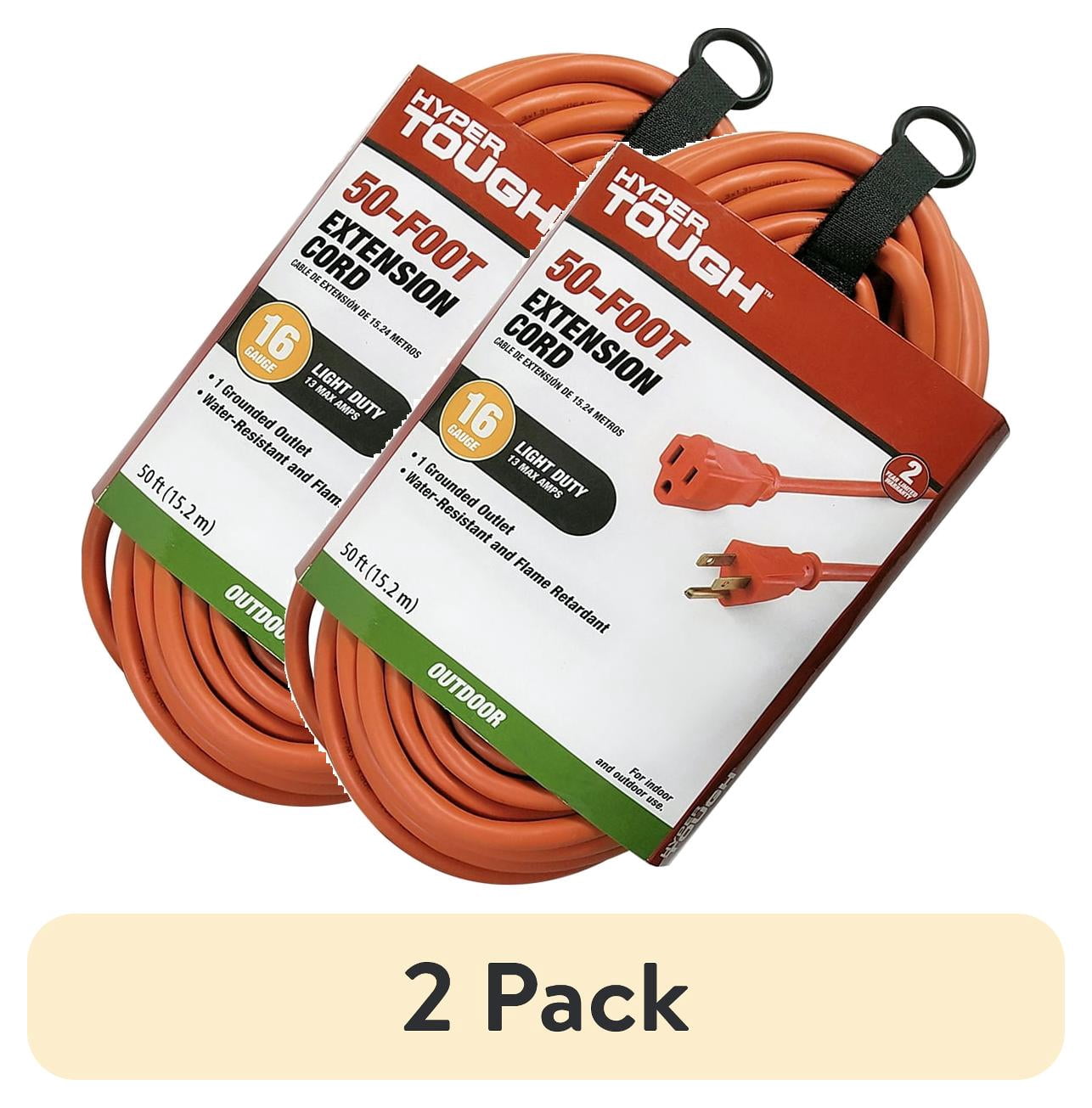 (2 pack) Hyper Tough 50FT 16AWG 3 Prong Orange Single Outlet Outdoor ...