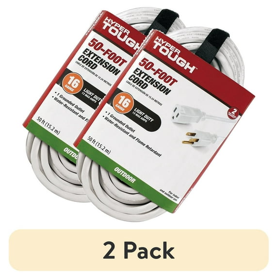 (2 pack) Hyper Tough 50FT 16AWG 3 Prong White Single Outlet Outdoor Extension Cord, 125V, 13A ...