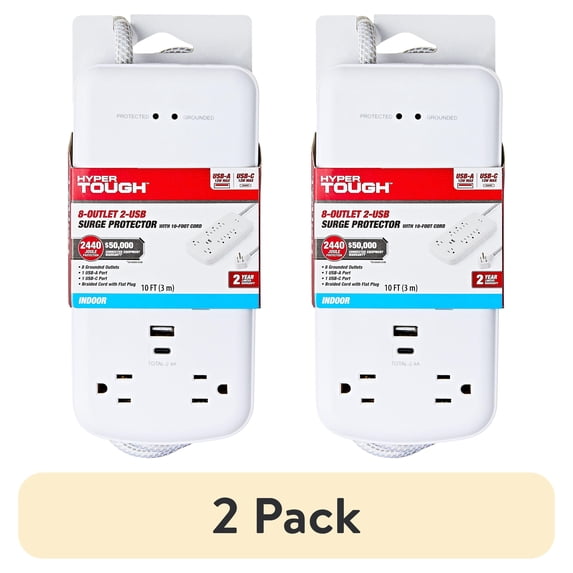 (2 pack) Hyper Tough 8-Outlet 2-USB 1A+1C 2440J Indoor Surge Protector ...