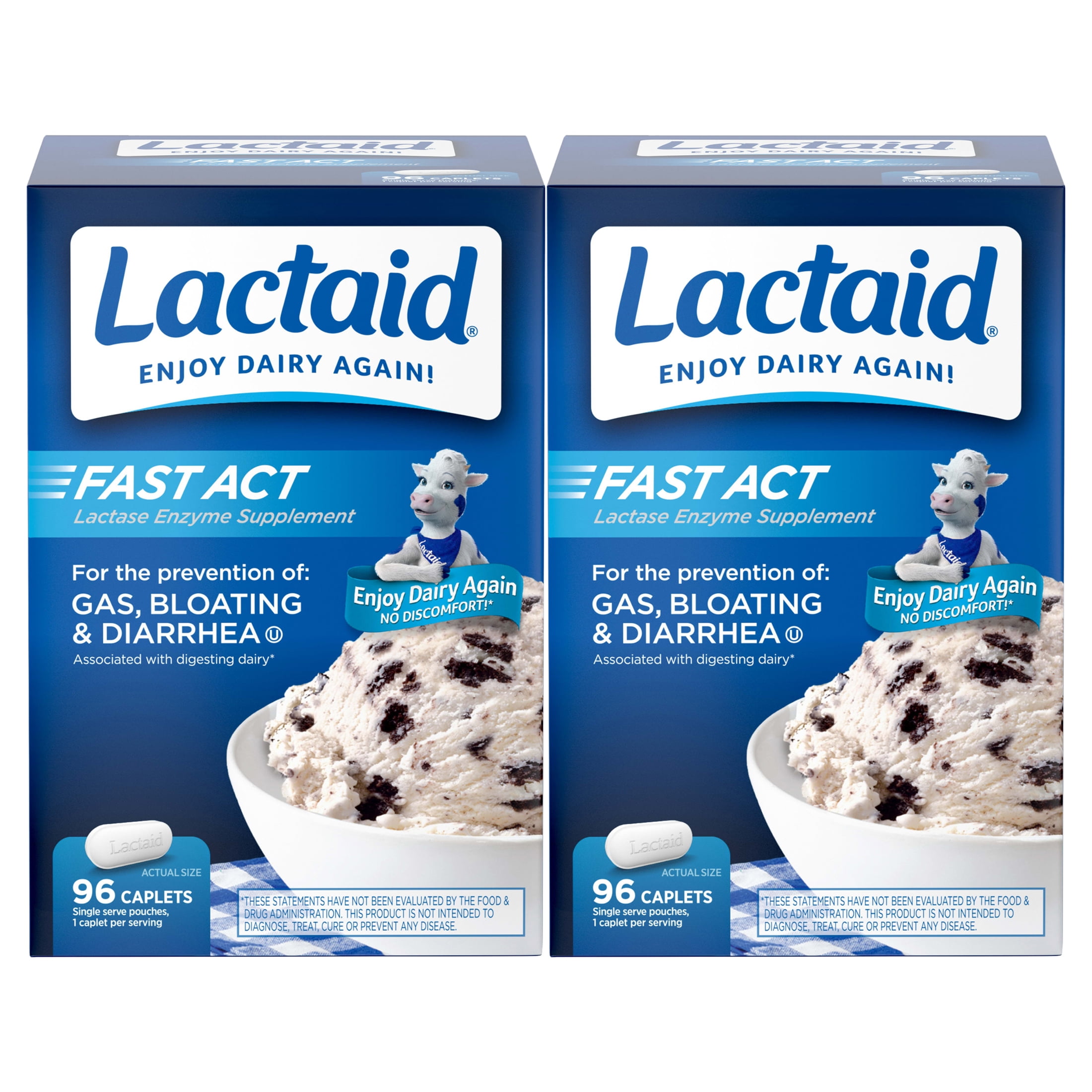 (2 pack) Lactaid Fast Act Lactose Intolerance Caplets, 96 Travel Packs ...