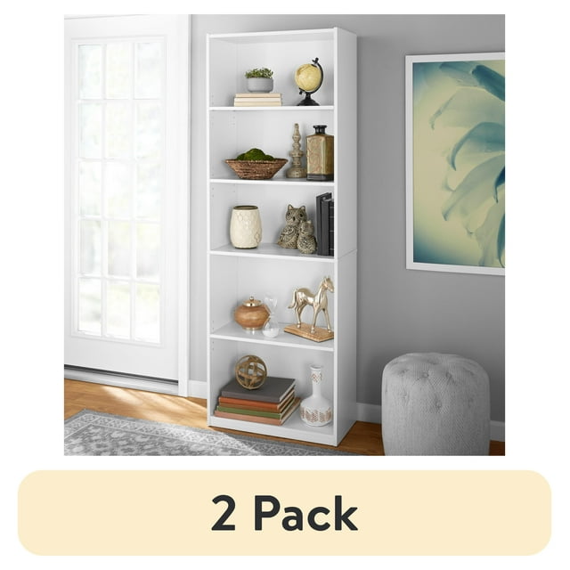 (2 pack) Mainstays 5-Shelf Bookcase with Adjustable Shelves, White ...