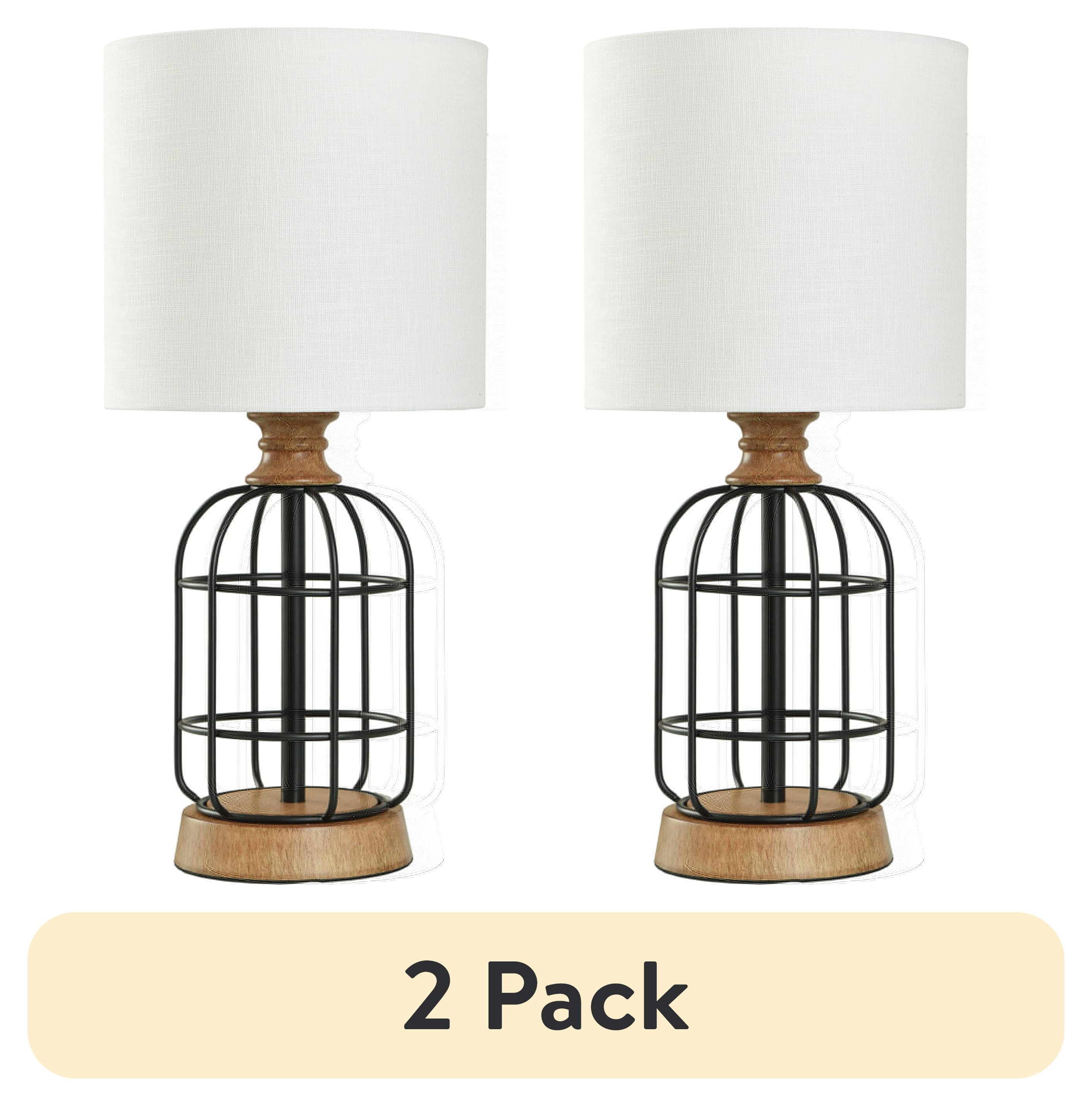 (2 pack) Mainstays Black Metal Cage Table Lamp with Wood Accents and ...