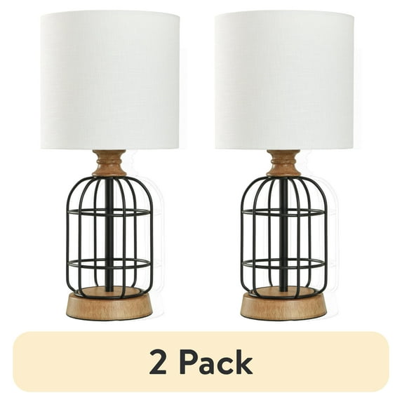 (2 pack) Mainstays Black Metal Cage Table Lamp with Wood Accents and ...