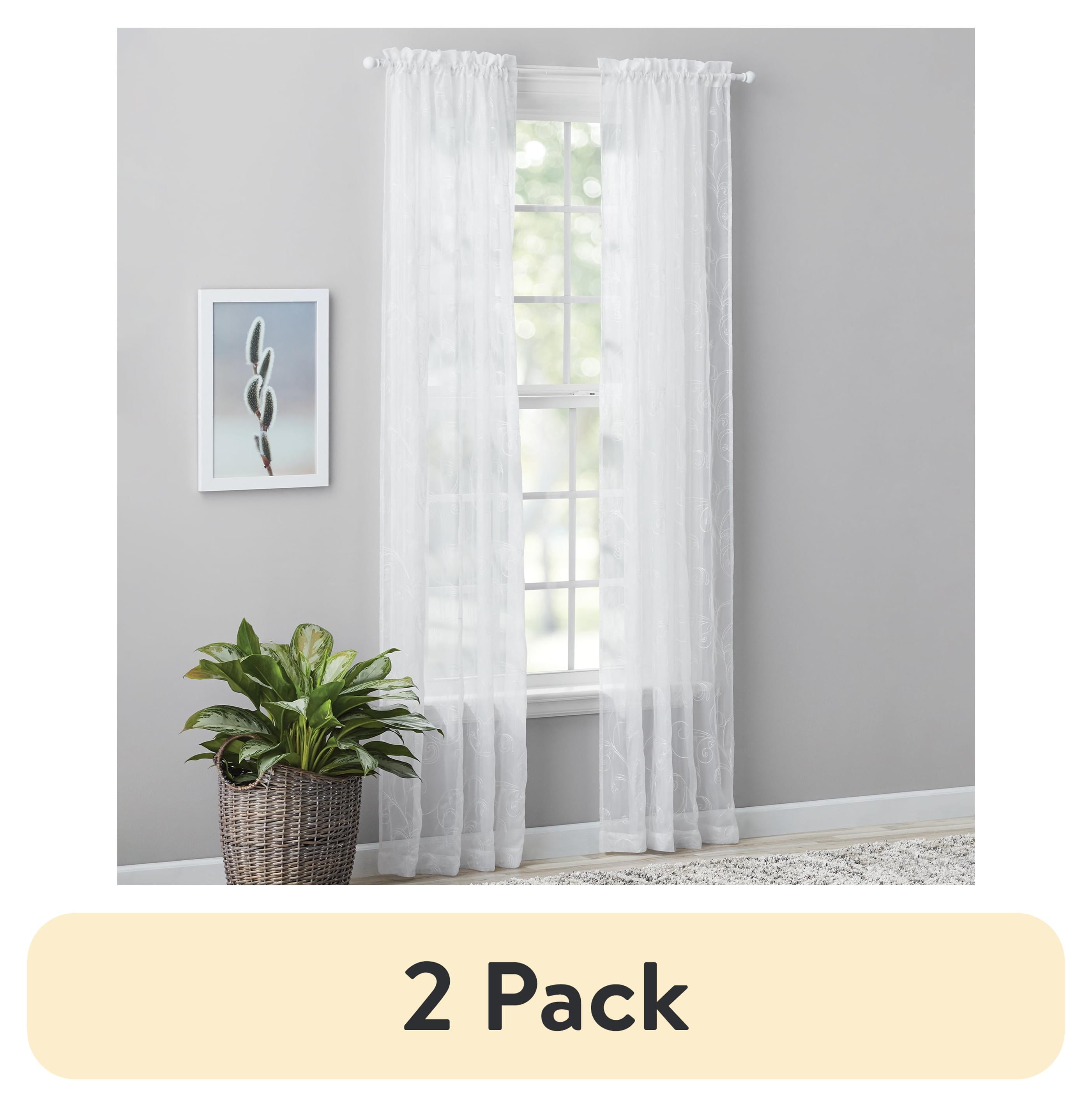 (2 pack) Mainstays Embroidered Scroll Sheer Single Curtain Panel, White ...