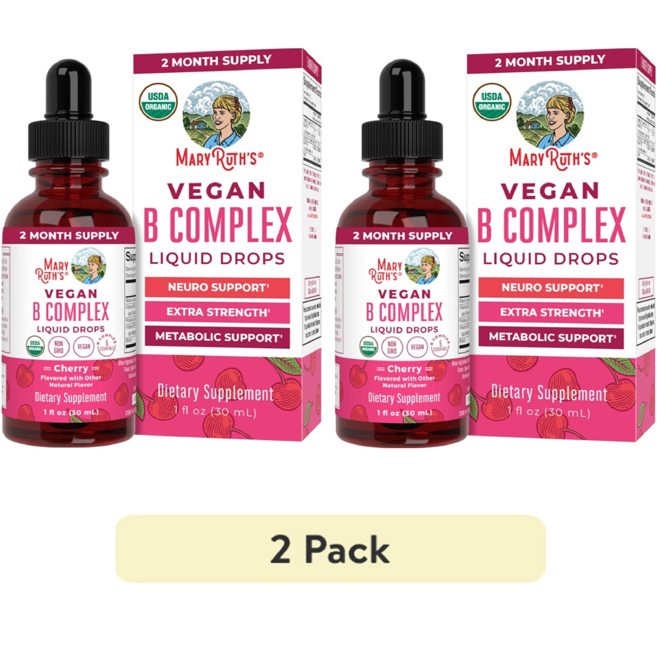 (2 pack) MaryRuth's Vegan Vitamin B Complex Liquid Drops, Cherry Flavor ...