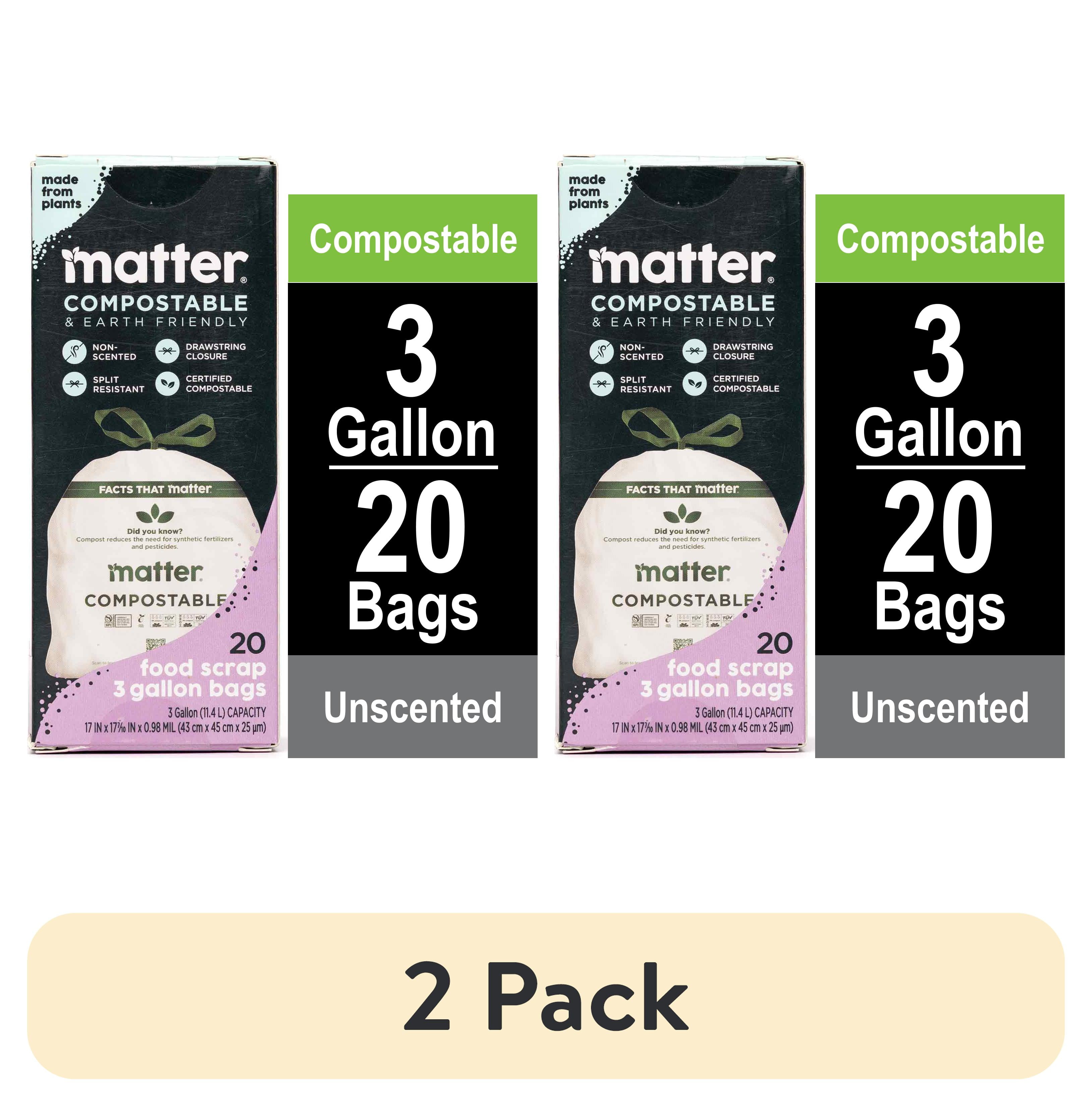 (2 pack) Matter Compostable 3-Gallon Drawstring Food Scrap Bags, 20 ...