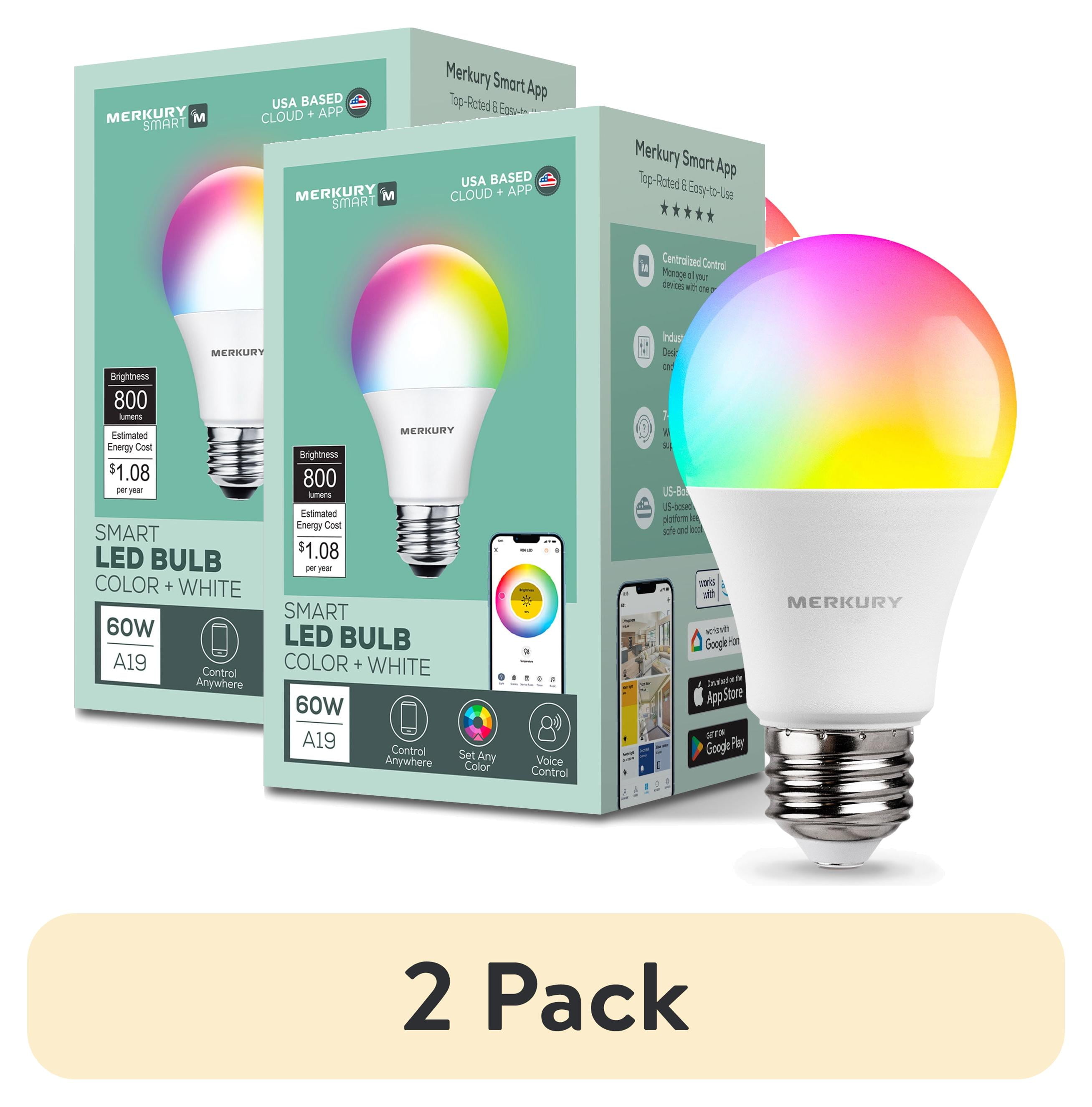 (2 pack) Merkury Smart LED Bulb - 9W (60W Eqv) RGBW Dimmable A19 Light ...