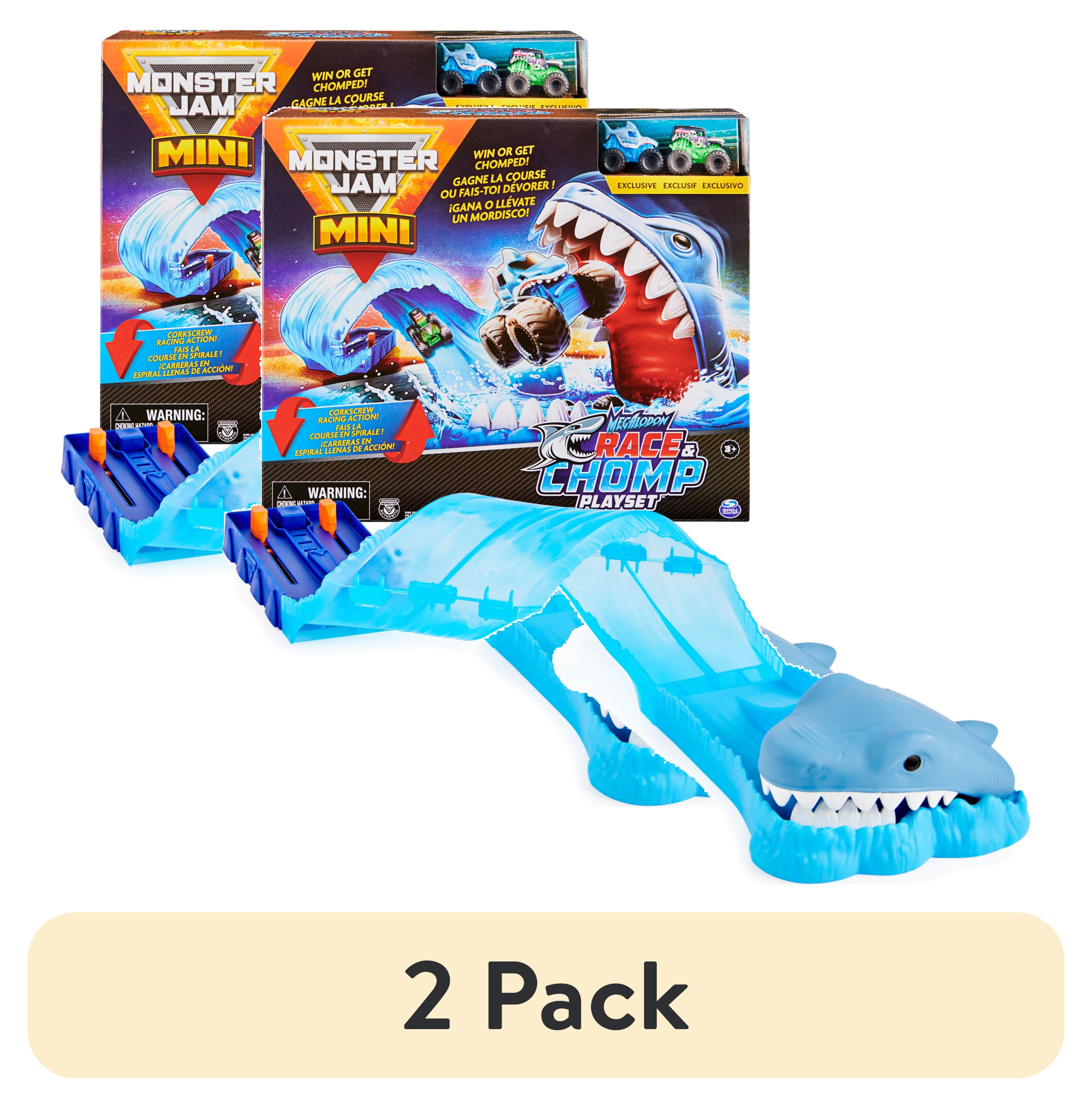 (2 pack) Monster Jam Mini Megalodon Race and Chomp Vehicle Playset ...
