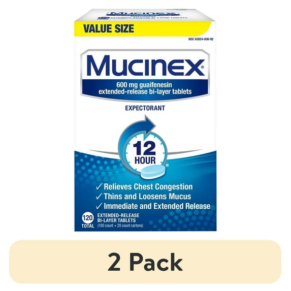 (2 pack) Mucinex Expectorant 12 Hour Extended Release Tablets, 120ct ...