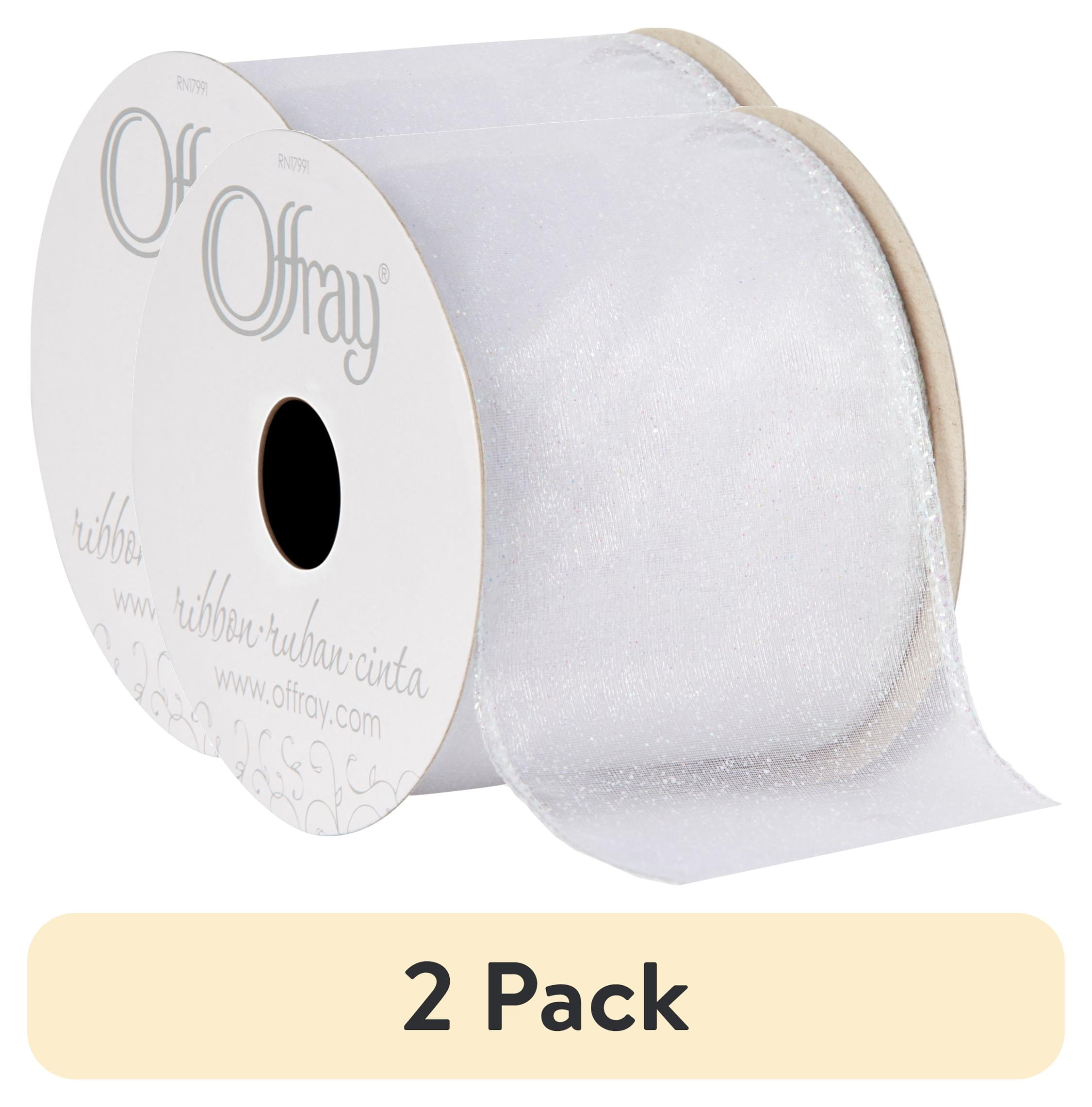 (2 pack) Offray Ribbon, White 2 1/2 inch Wired Edge Sheer Metallic ...