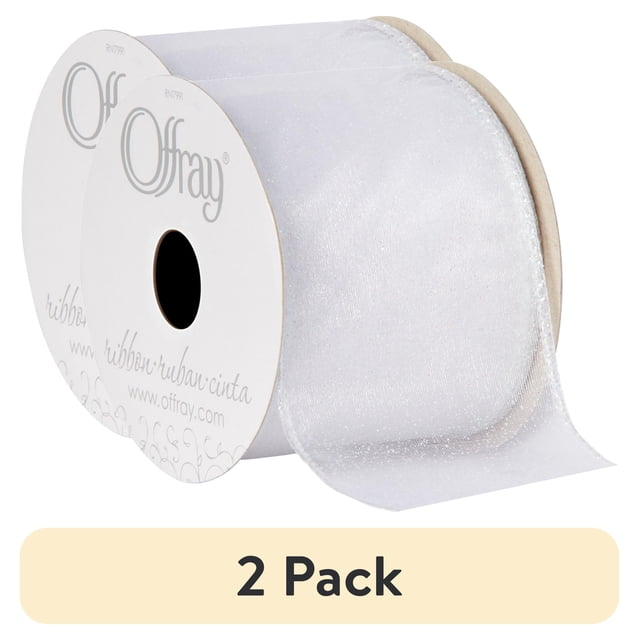 (2 pack) Offray Ribbon, White 2 1/2 inch Wired Edge Sheer Metallic ...